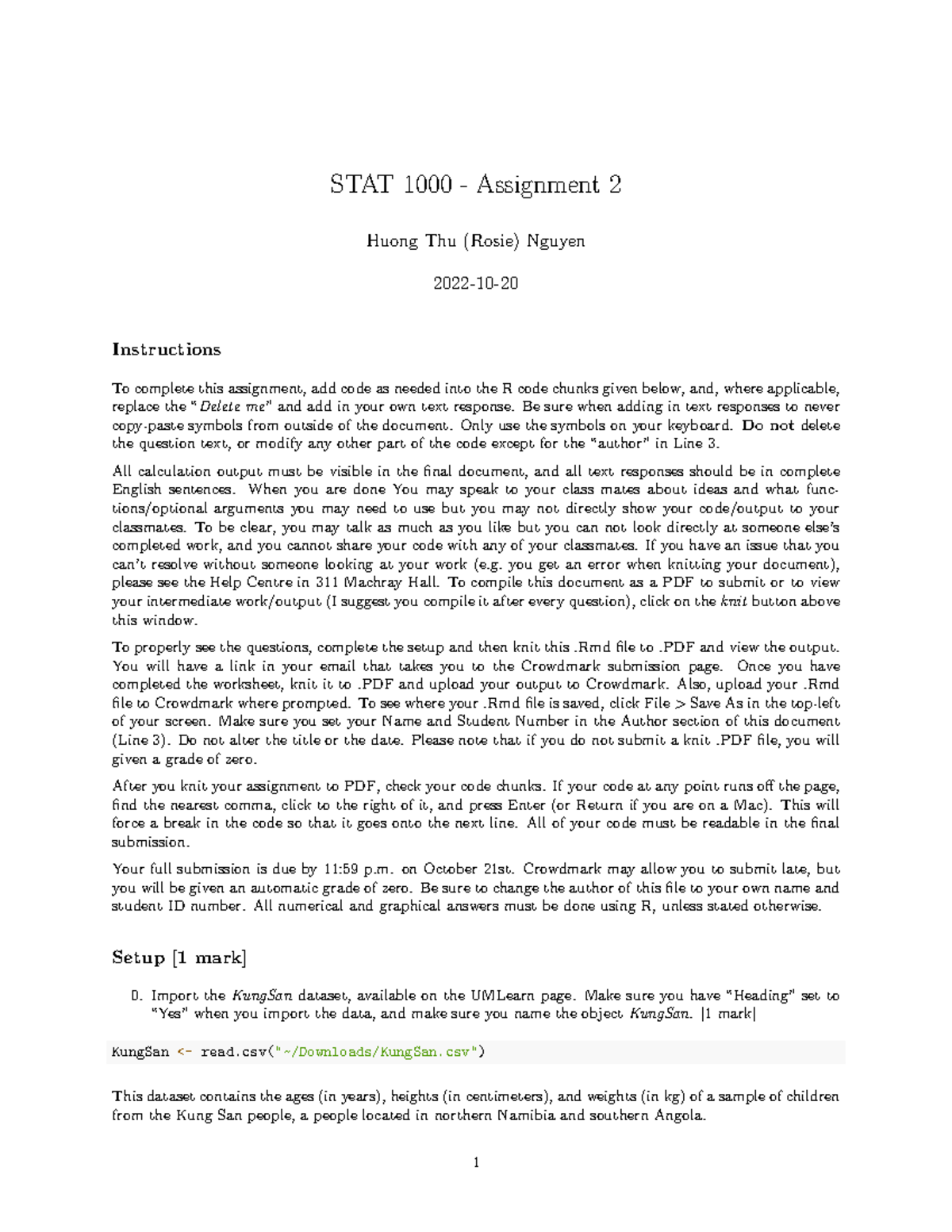 STAT 1000 - Assignment 2 Instructions and R Code Template - Studocu