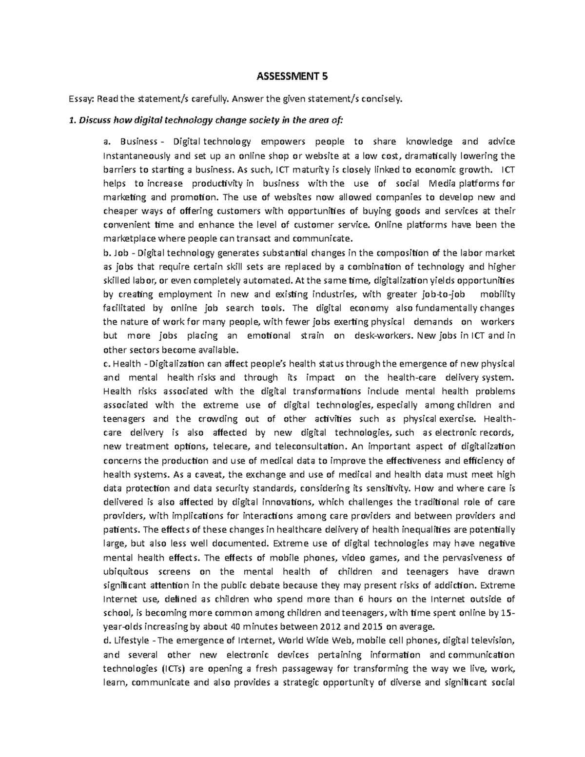 Assessment 5-7: Understanding the Impact of Digital Technology on ...