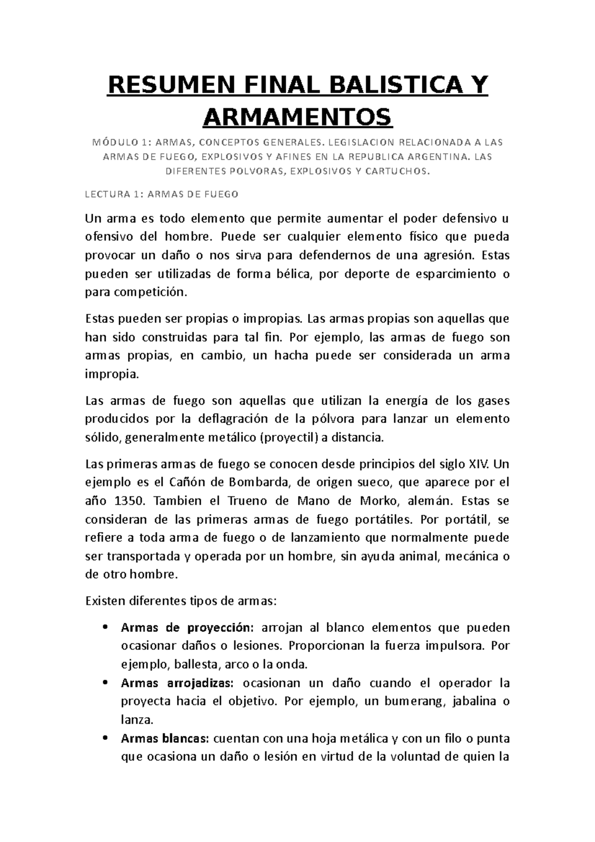 Resumen Final Balística y Armamentos - Módulo 1 Cód. ARG-2023 - Studocu