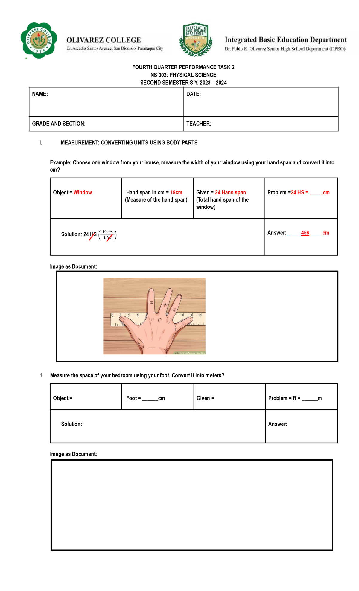 NS 002: Fourth Quarter Performance Task 2 - Unit Conversion Using Body ...