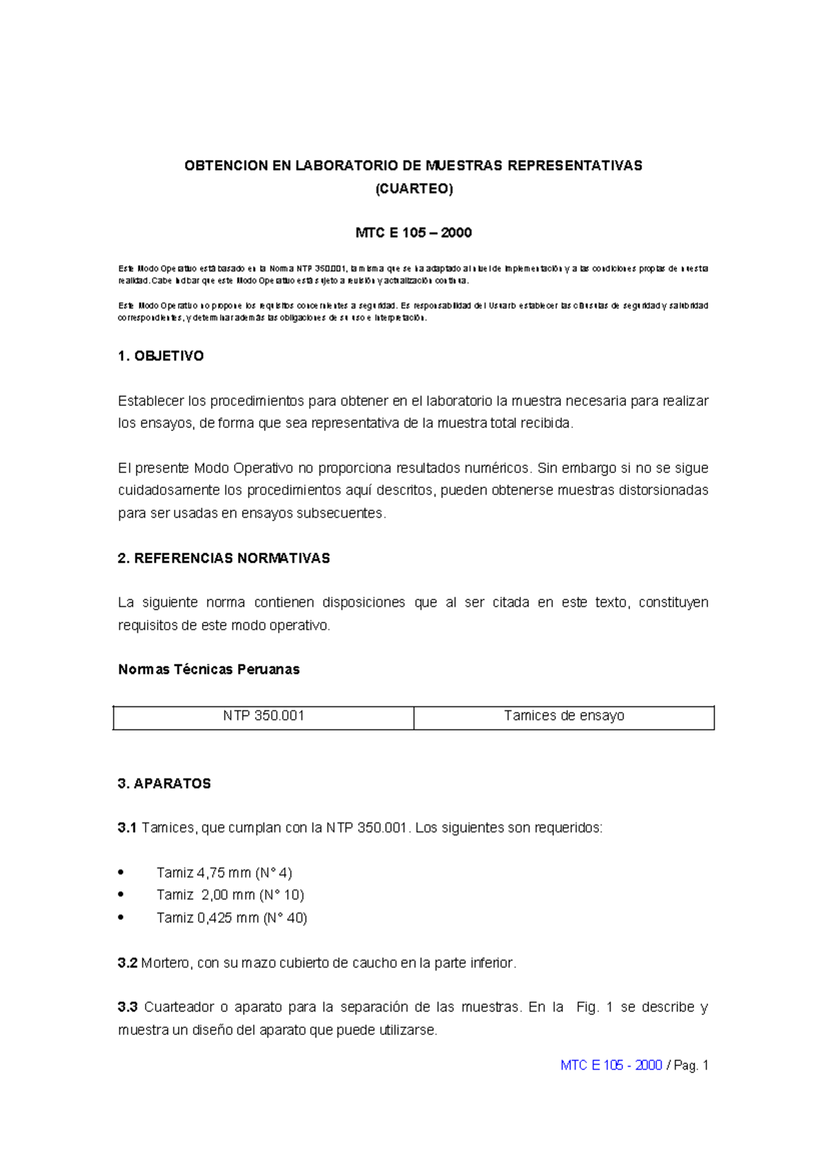 Mtc 105 - test - OBTENCION EN LABORATORIO DE MUESTRAS REPRESENTATIVAS ...
