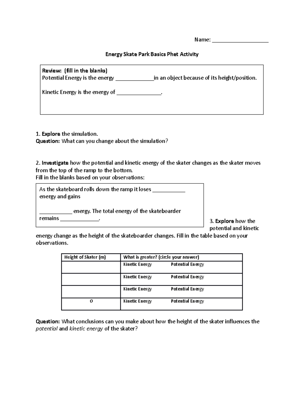 Energy Skate Park Basics Worksheet - Name: ___________________ Energy ...