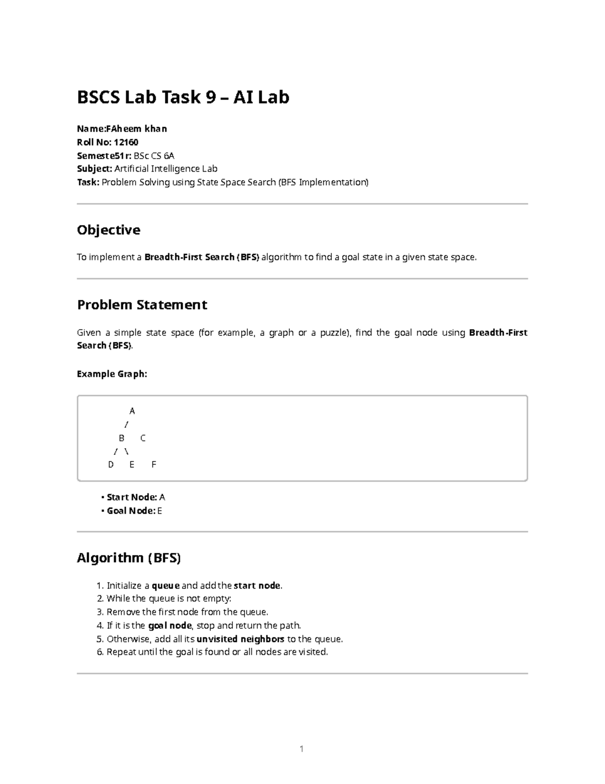 BSCS AI Lab Task 9: BFS Algorithm Implementation - Studocu