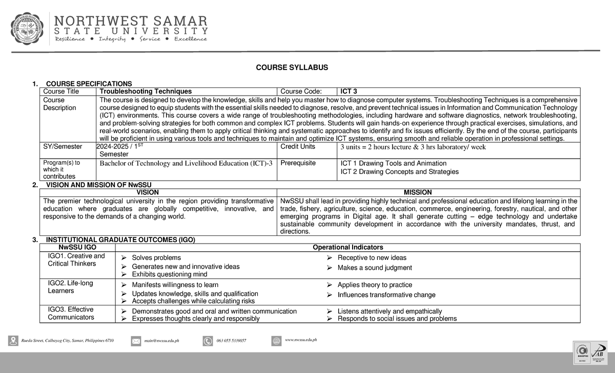 New Syllabus ICT 3 - COURSE SYLLABUS 1. COURSE SPECIFICATIONS Course ...
