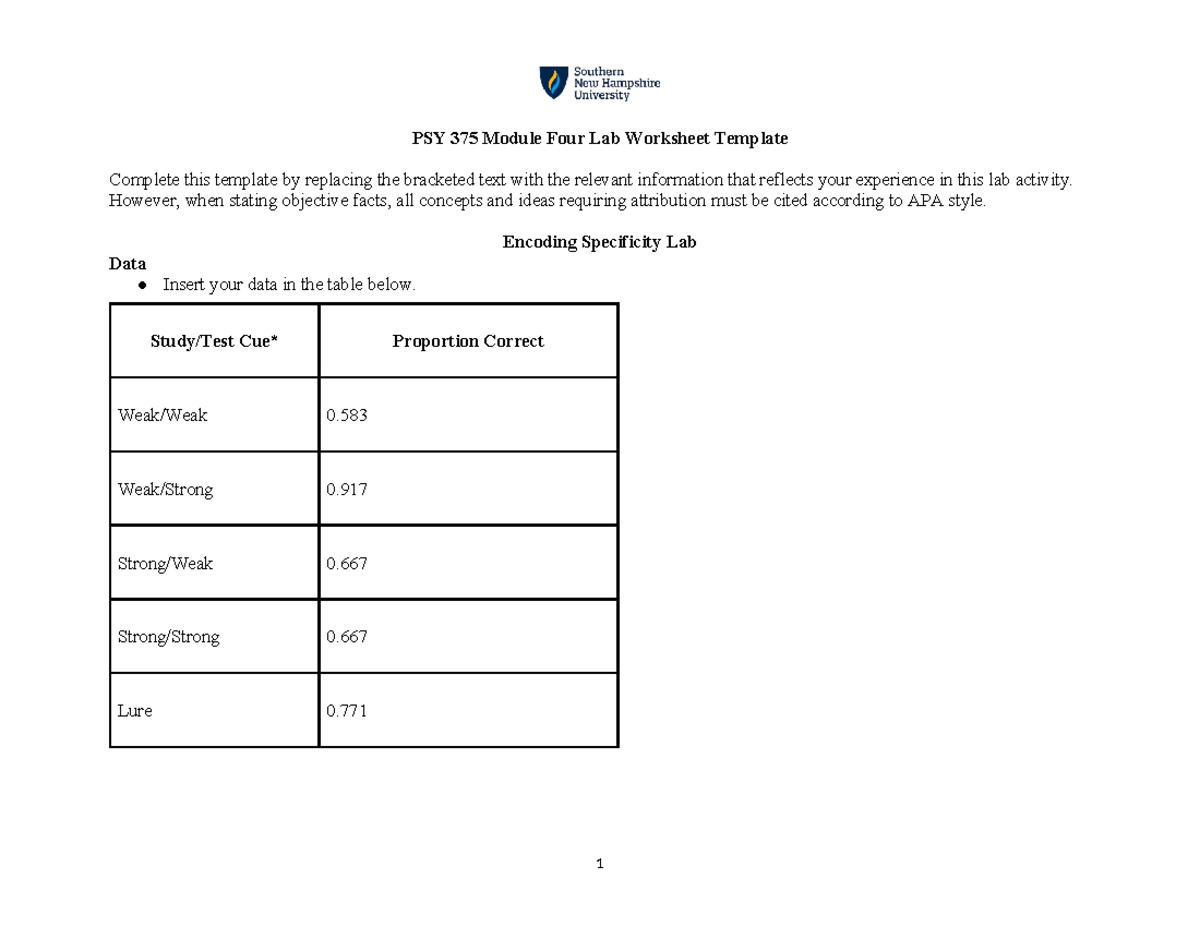 PSY 375 Module Four Lab Worksheet: Encoding Specificity & Memory ...