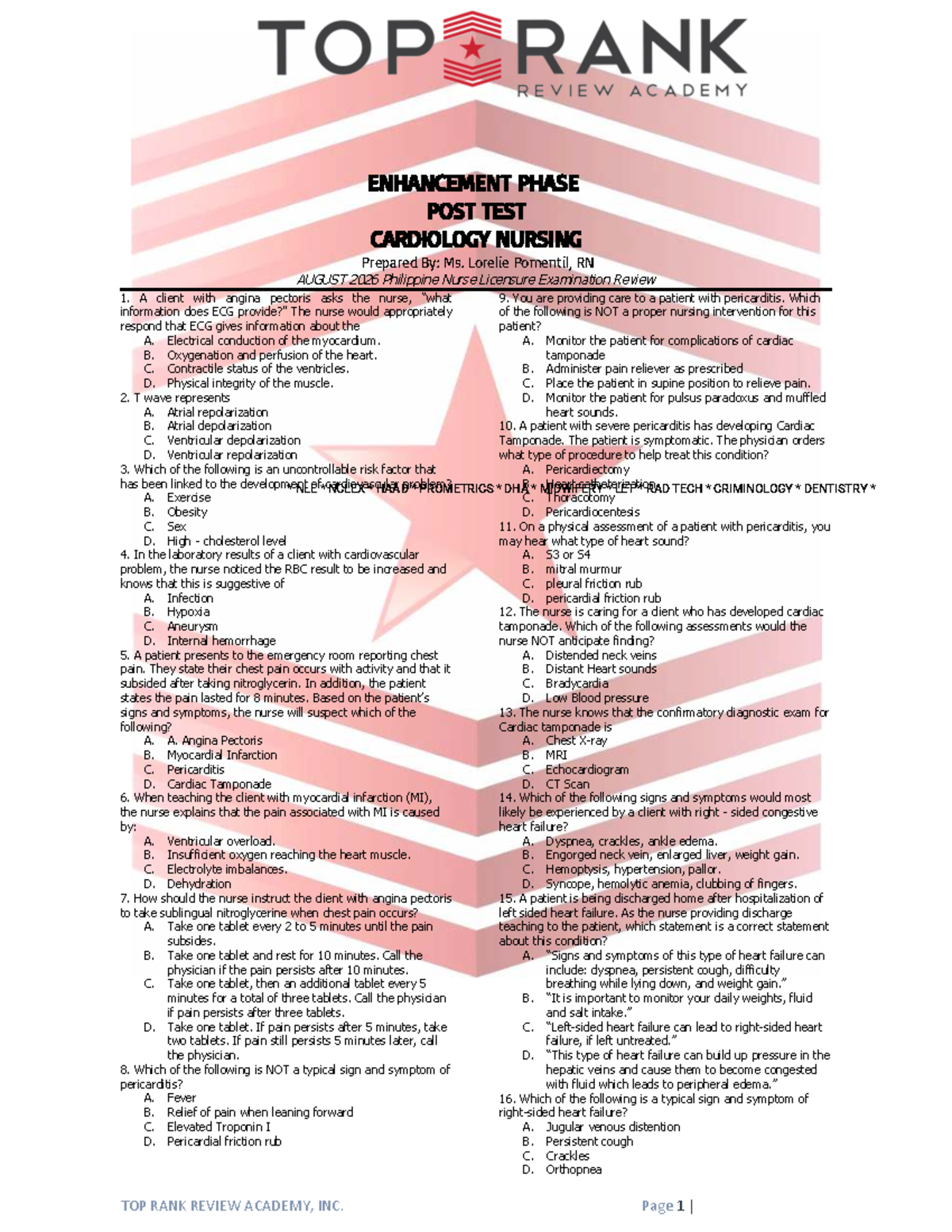 Cardio NCLEX HAAD Review: Key Concepts for Philippine Nurse Exam - Studocu