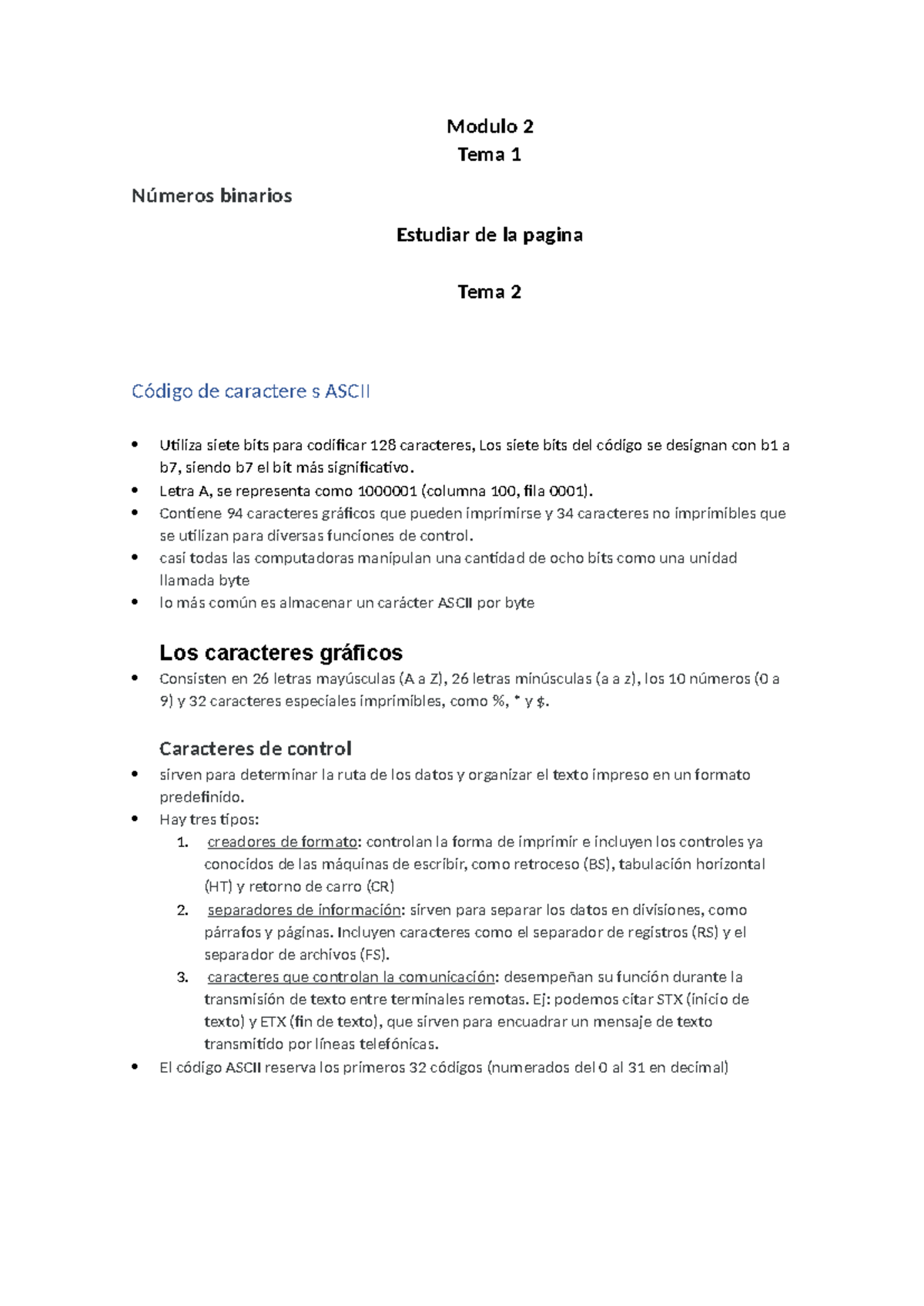 Modulo 2 Tema 1: Números Binarios y Código ASCII en Mecatrónica - Studocu
