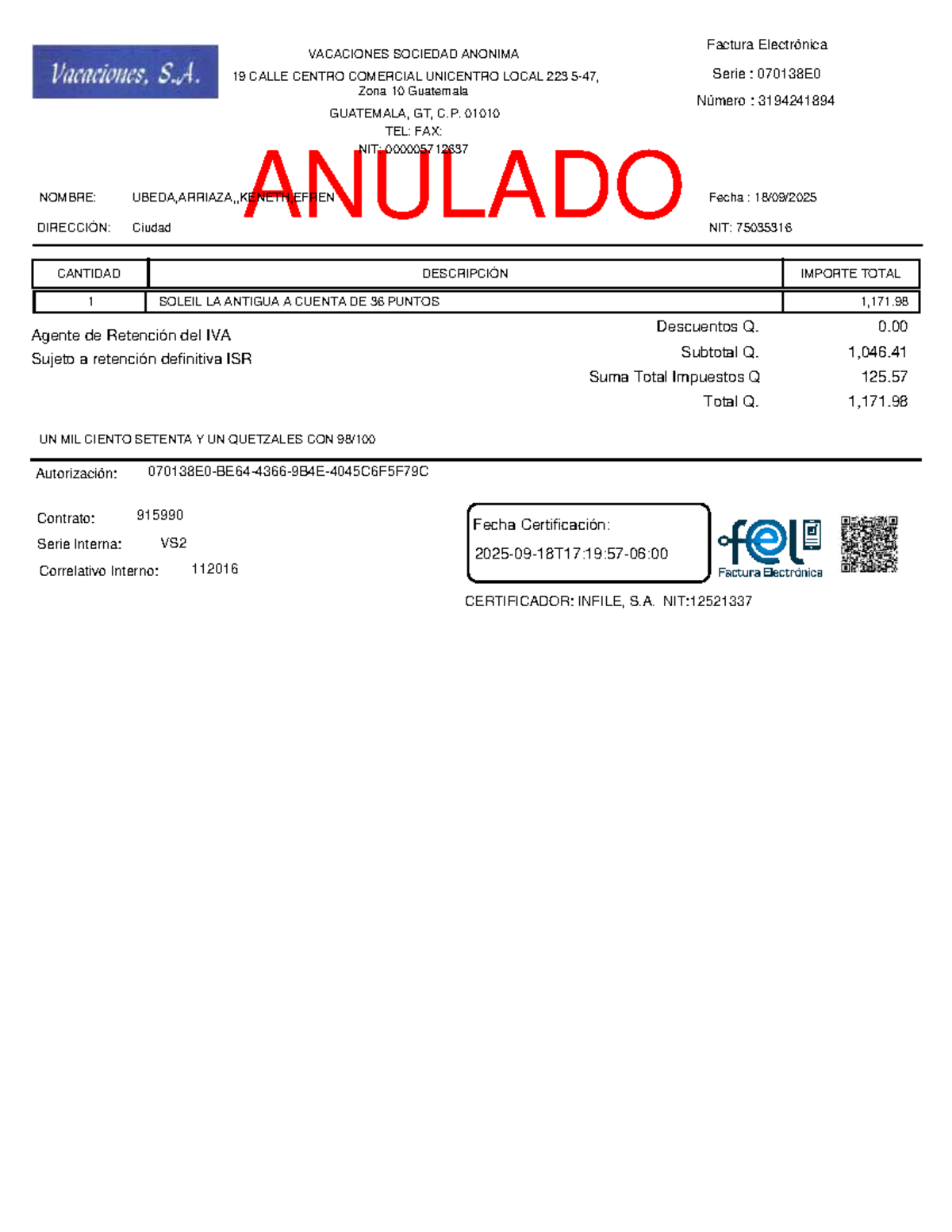 Factura Electrónica - Certificación Infile - NIT 75035316 - Studocu