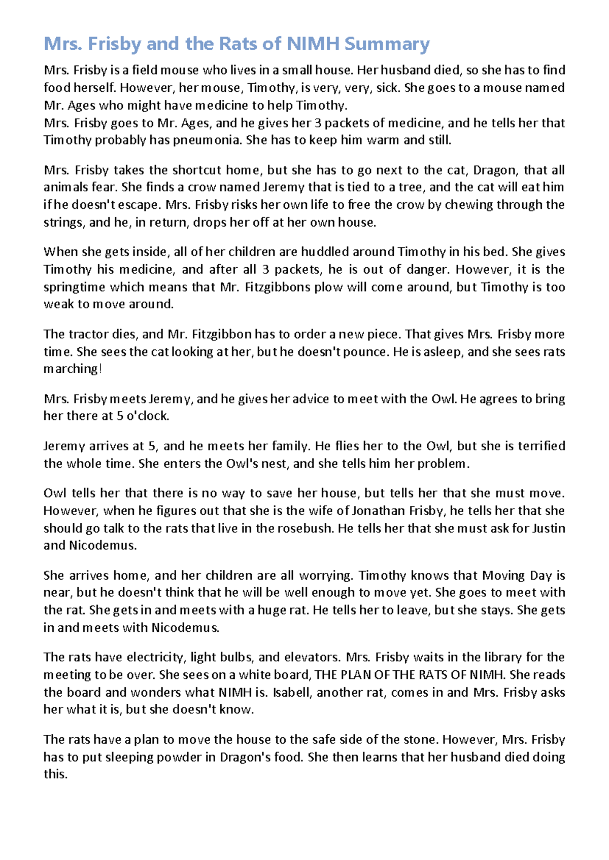 Mrs. Frisby and the Rats of NIMH: Literature Study Guide - Studocu