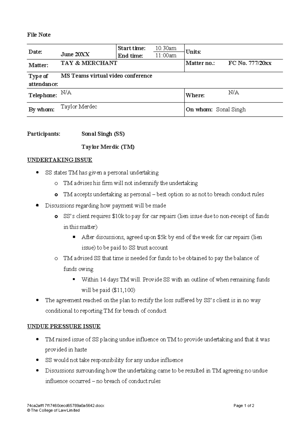 Task 1.2 File Note: Interview Summary - TAY MERCHANT - Studocu