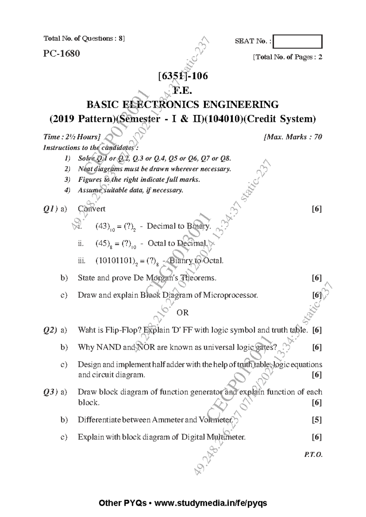 Final Exam BXE 104010 Basic Electronics Engineering (2019 Pattern ...
