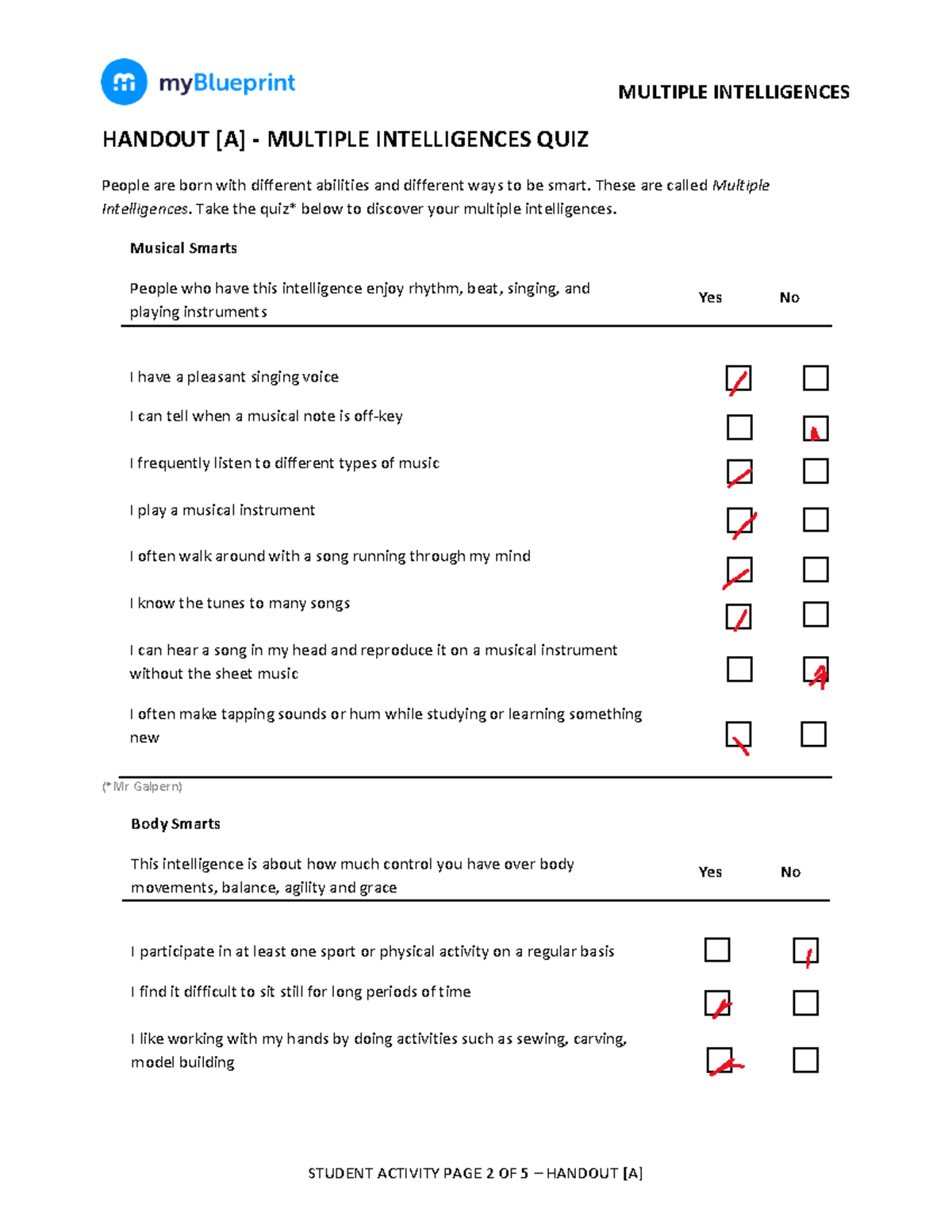 Multiple Intelligences Quiz and Career Exploration Handout - Studocu