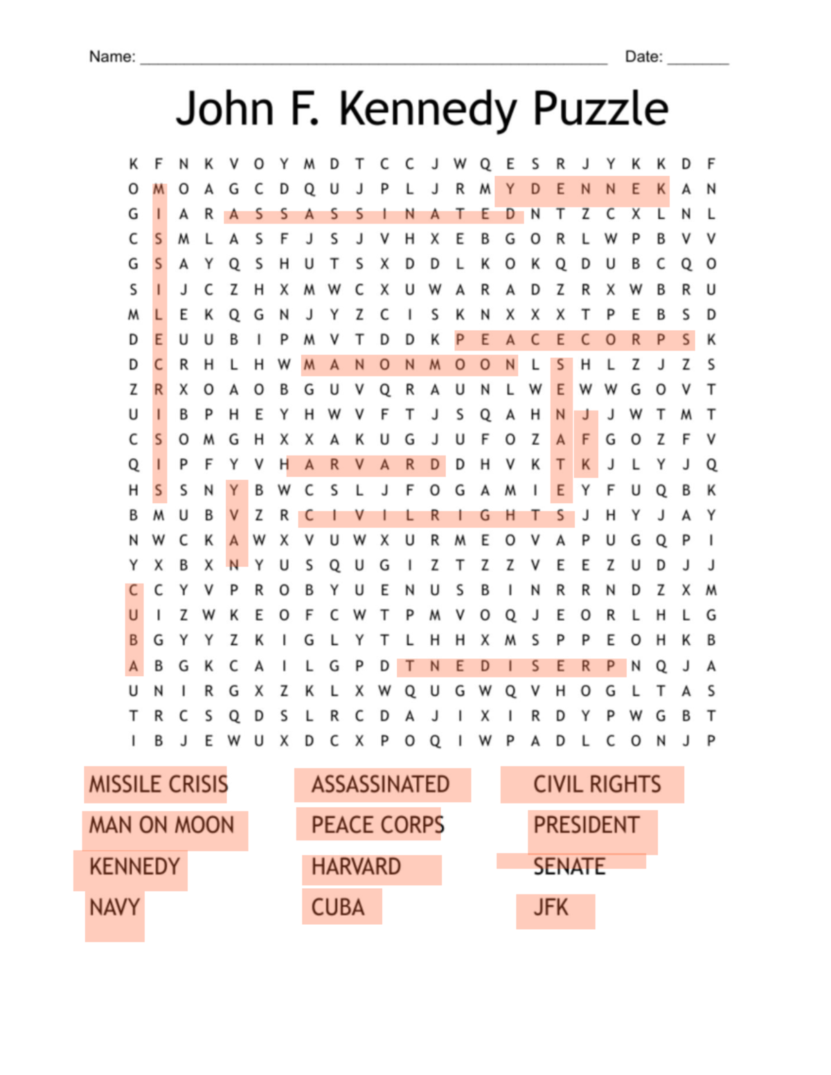 Brooklynn Martinez - JFK and LBJ Word Search - Name: Date: John F ...