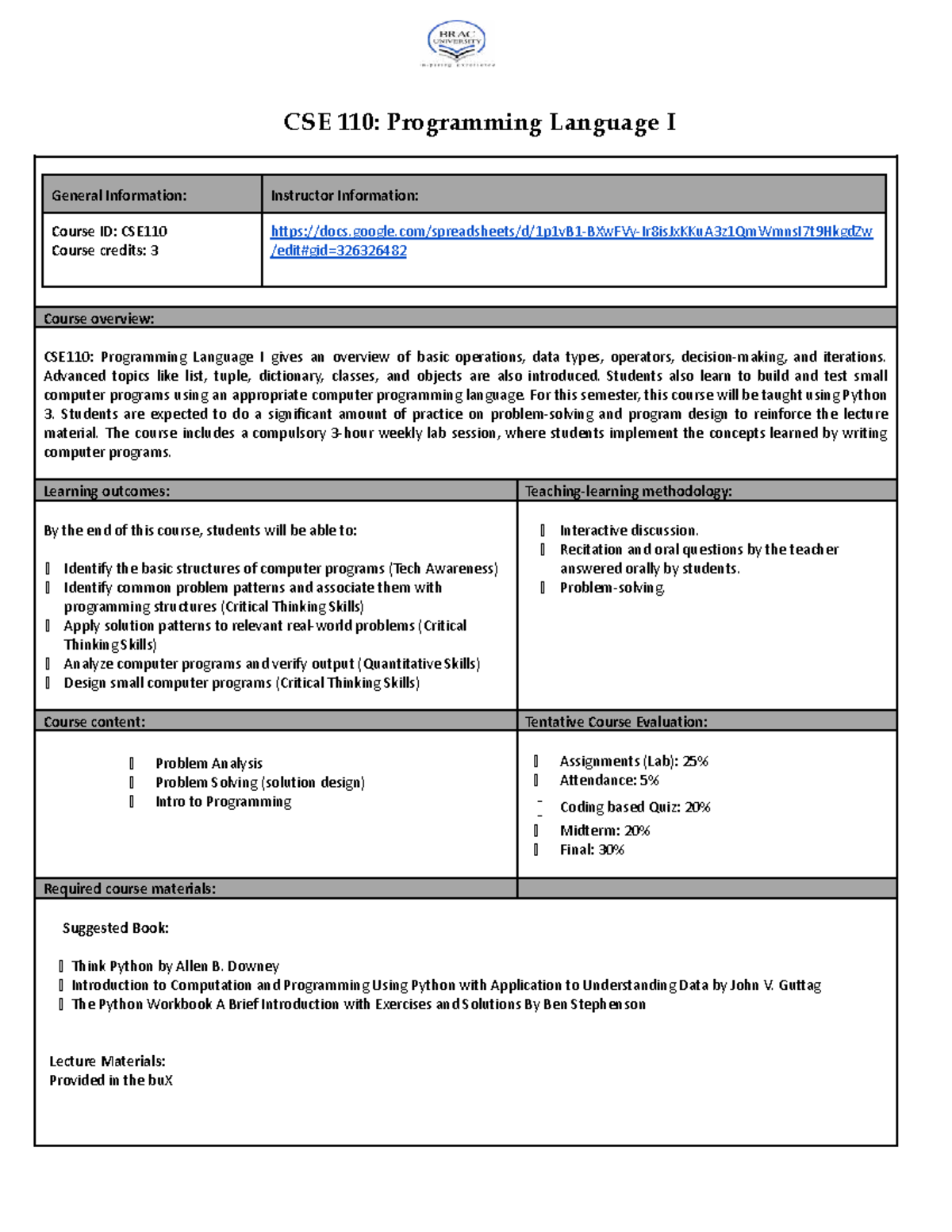 CSE 110: Programming Language I Course Overview and Schedule - Studocu