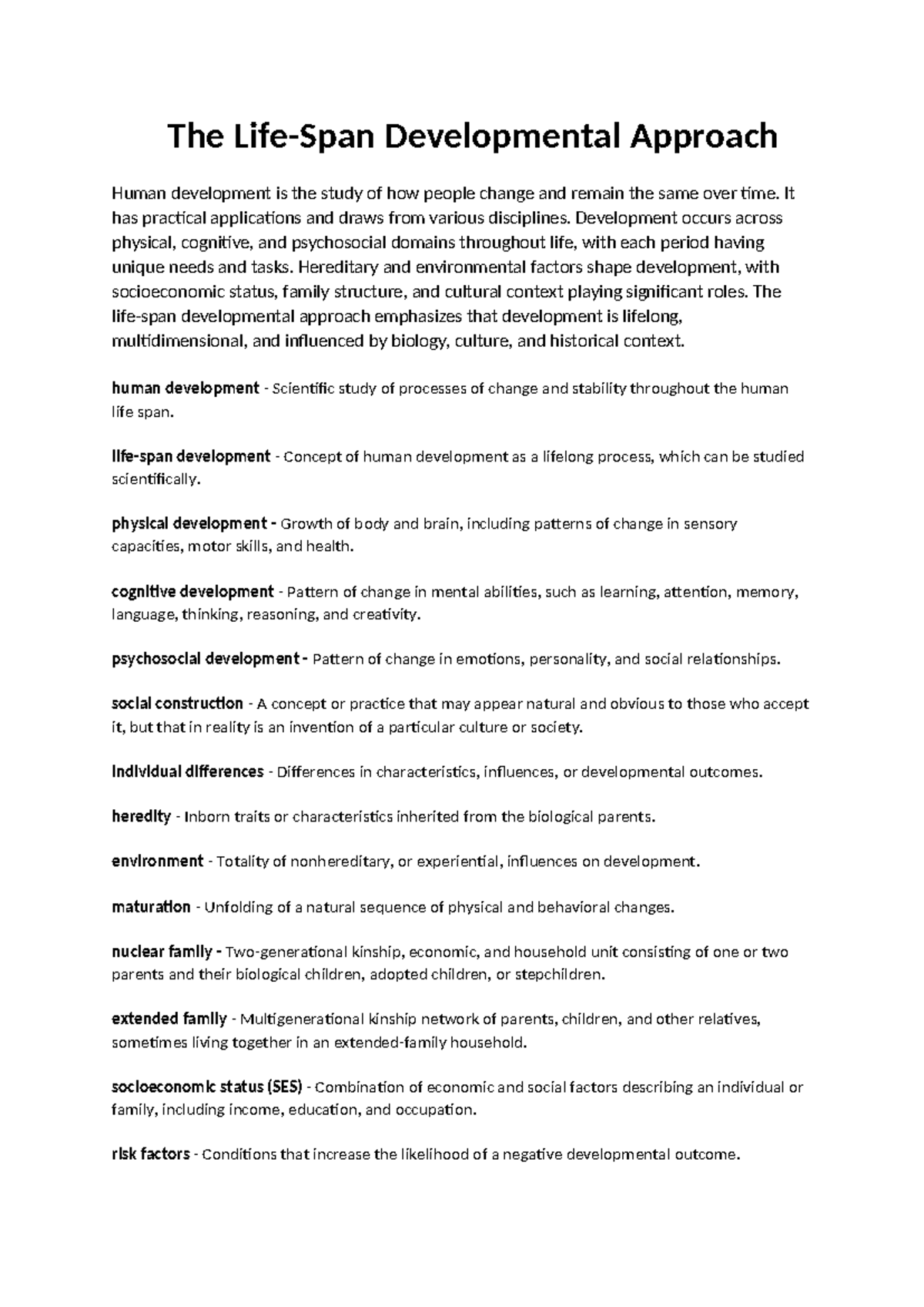 Dev Psych Chapter 1 - The Life-Span Developmental Approach Human ...