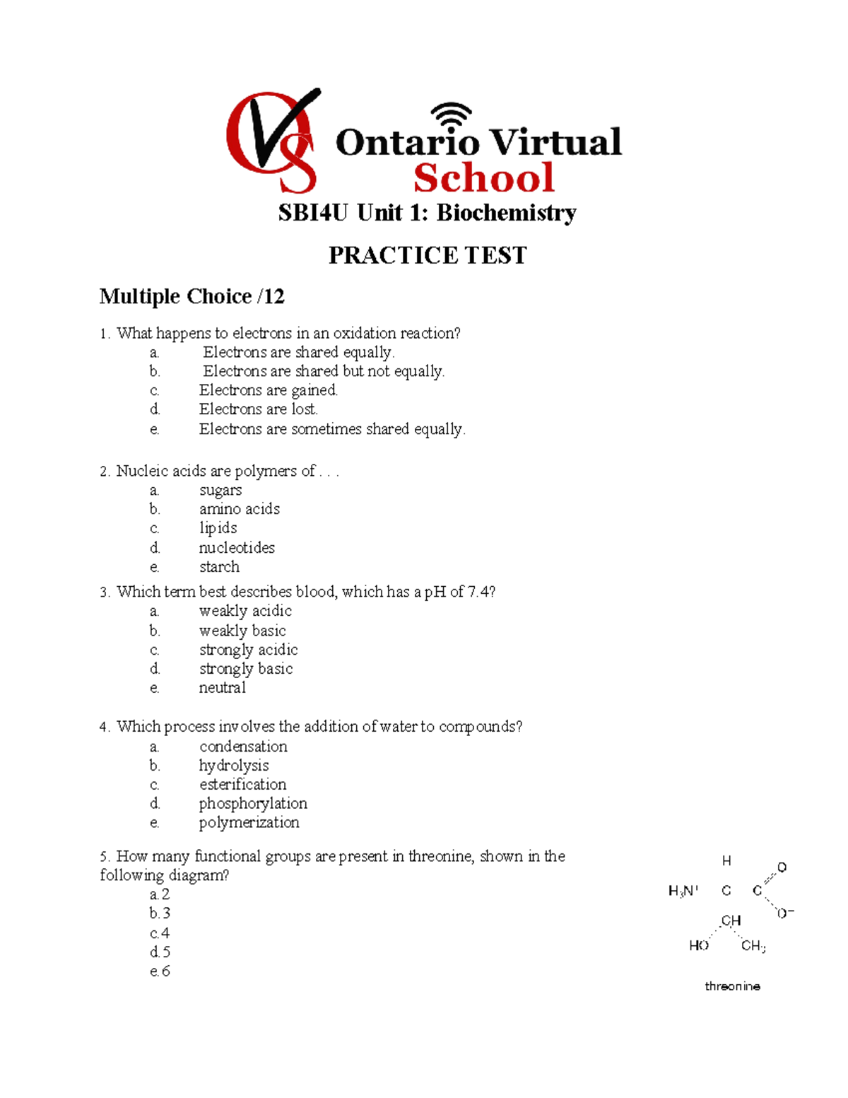 SBI4U Unit 1 Biochemistry Practice Test and Review Questions - Studocu