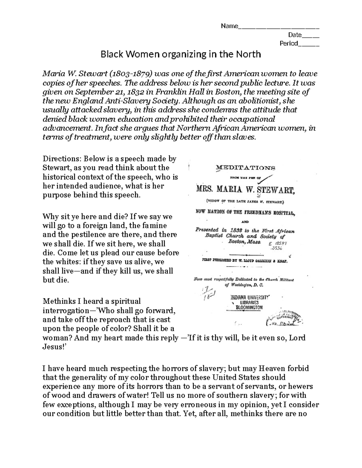 Black Women Organizing in the North: The Speech of Maria W. Stewart ...