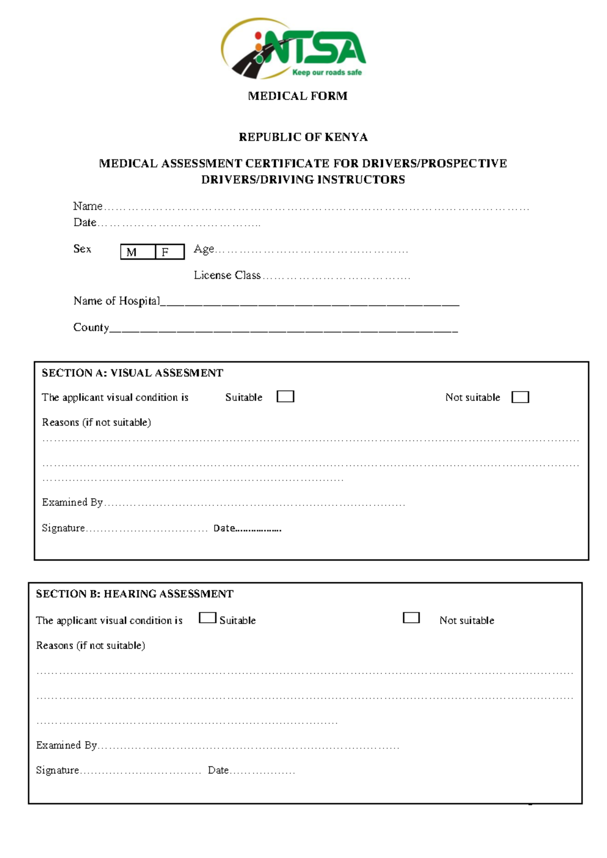 NTSA Medical Form: Final Assessment for Driving Fitness - Studocu
