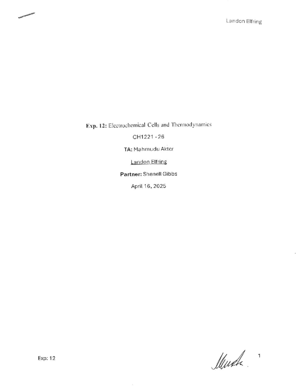 Experiment 12: Electrochemical Cells & Thermodynamics CH1221 - Studocu