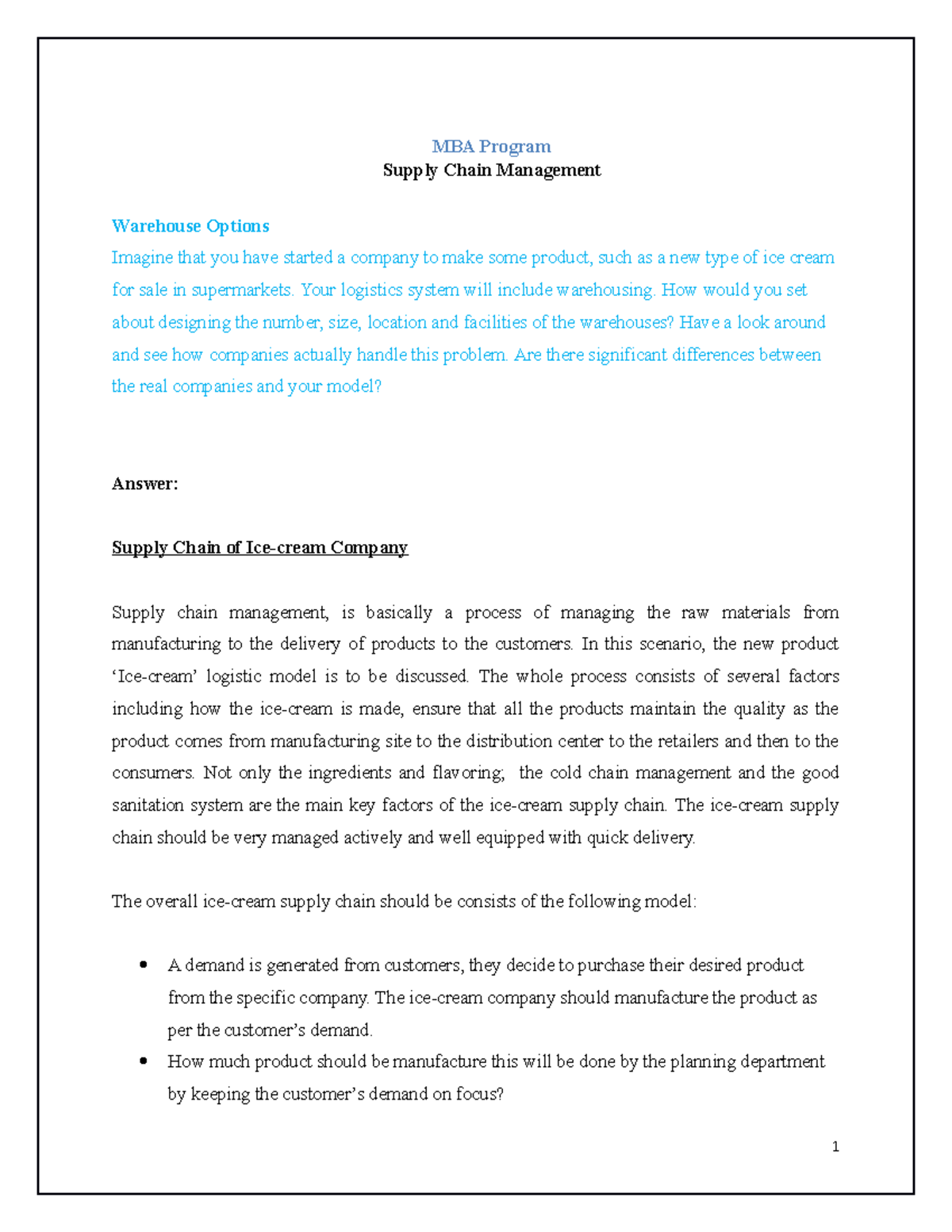 MBA SCM: Ice Cream Warehouse Design and Logistics Management Report ...