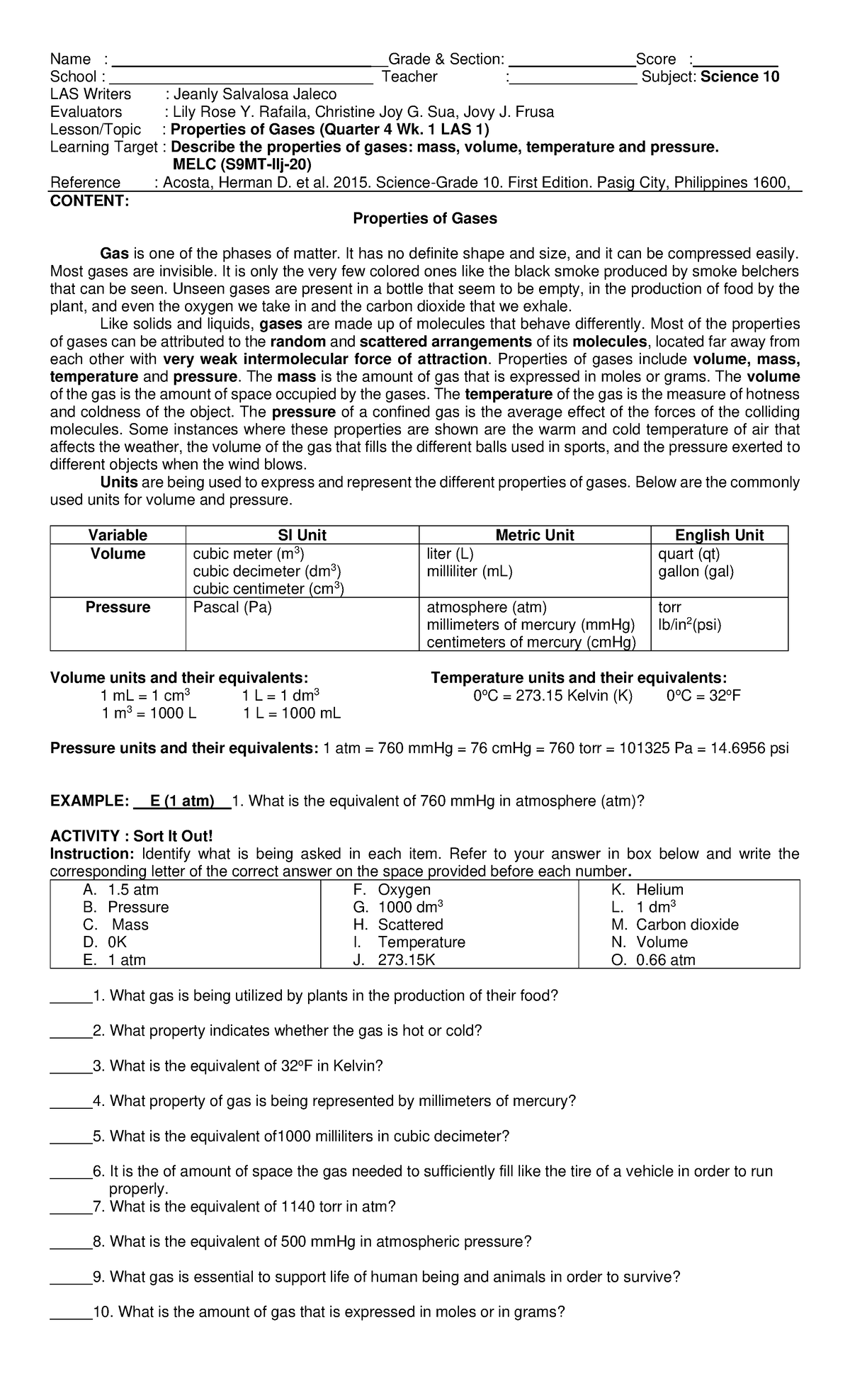 Science-10-Q4 Wk1 LAS1 - Name : ______________________________ Grade ...