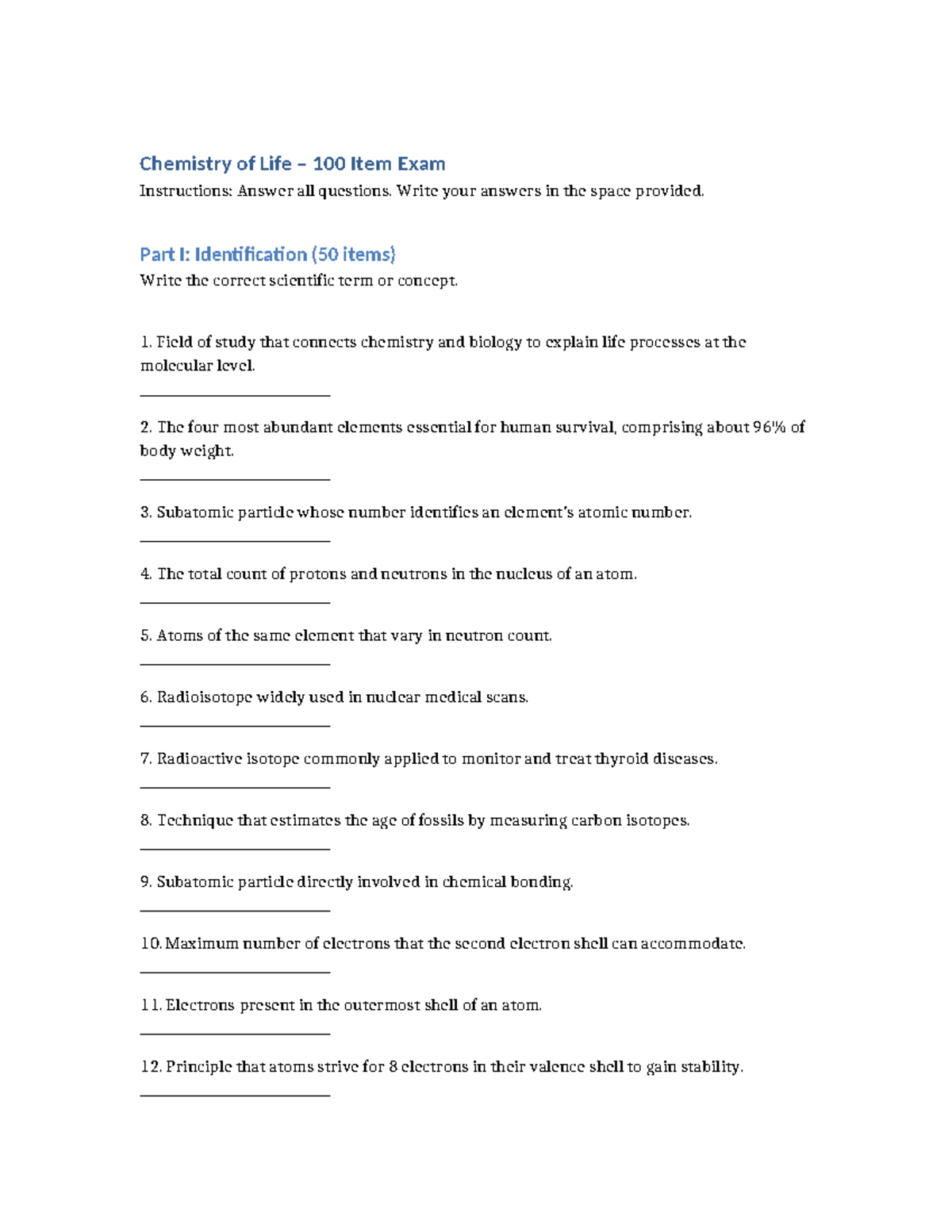 Chemistry of Life 100-Item Exam Instructions and Questions - Studocu
