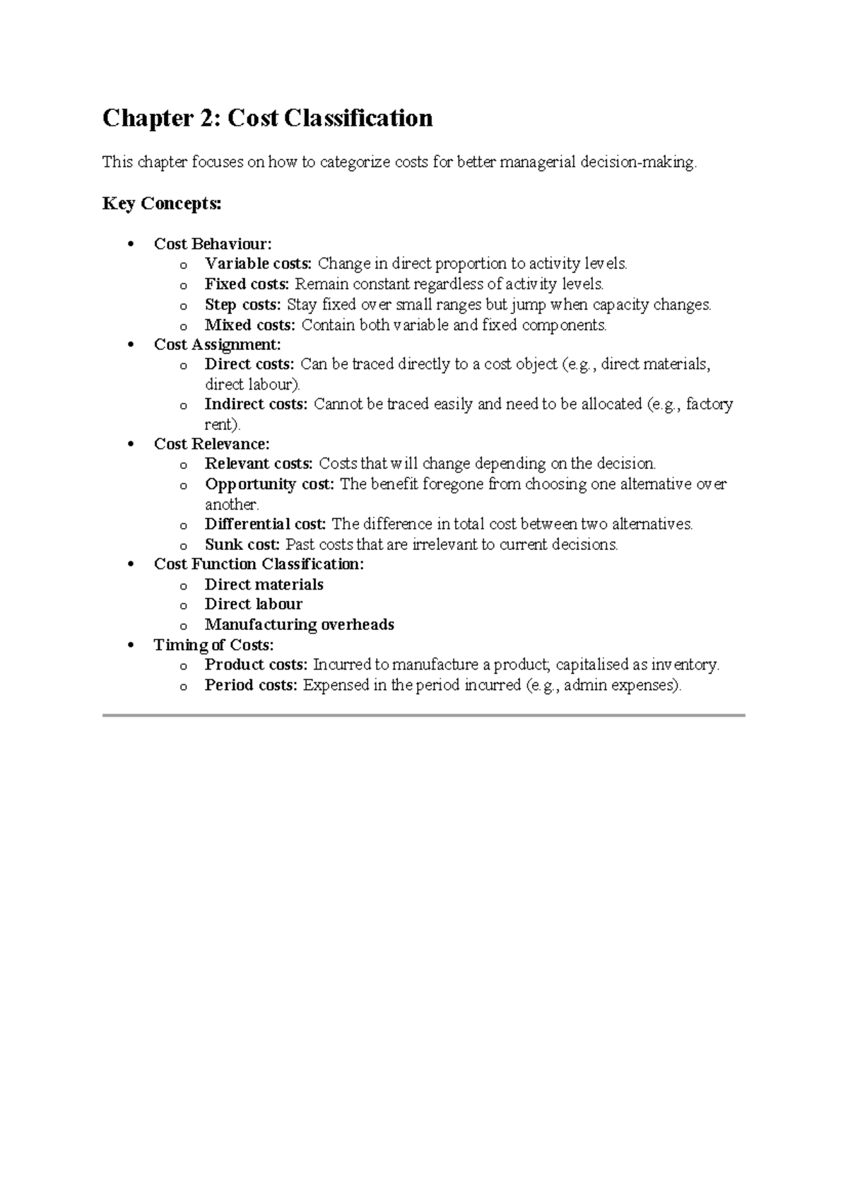 Chapter 2: Cost Classification - Key Concepts & Learning Outcomes - Studocu
