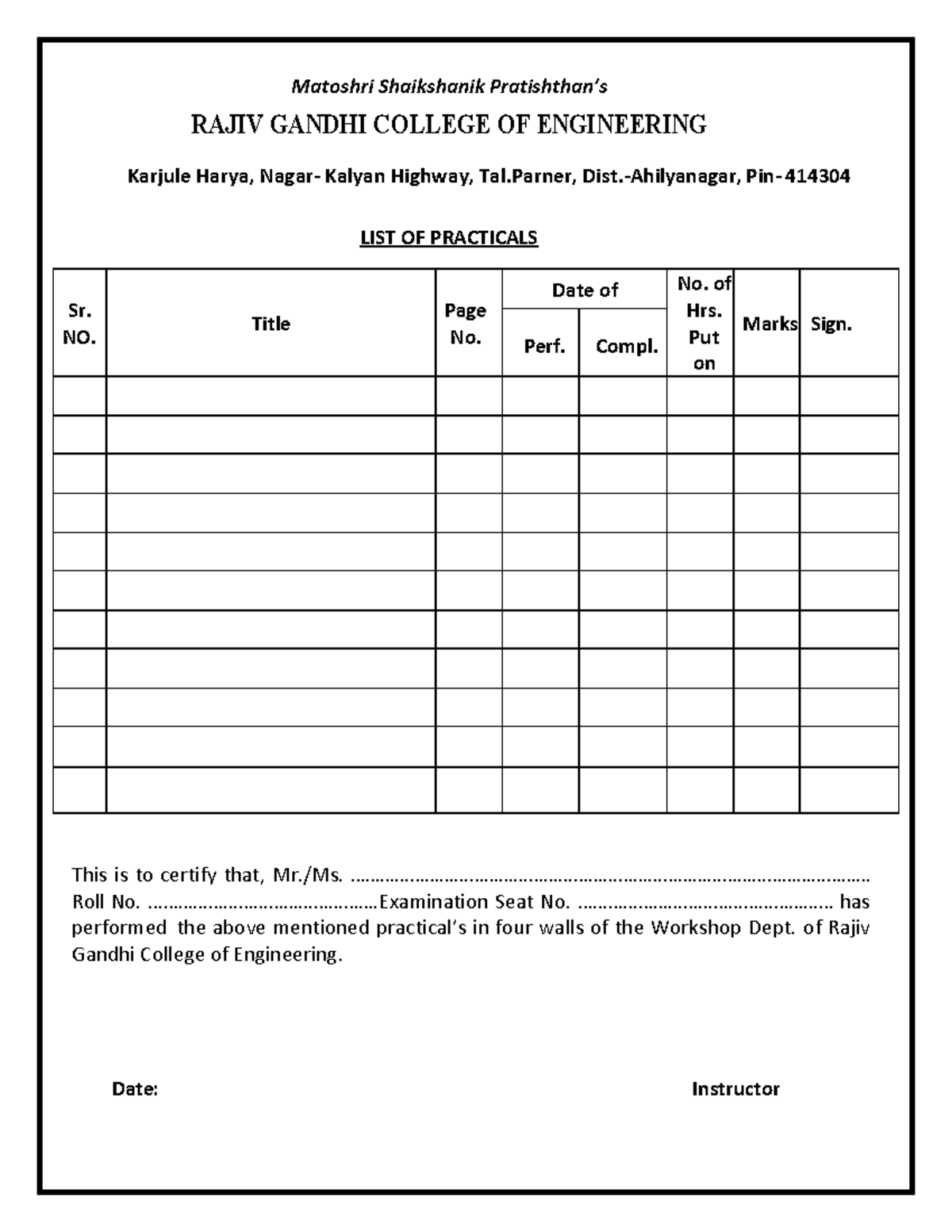 Workshop Book Blank Format for Practical Sessions - RGCE - Studocu