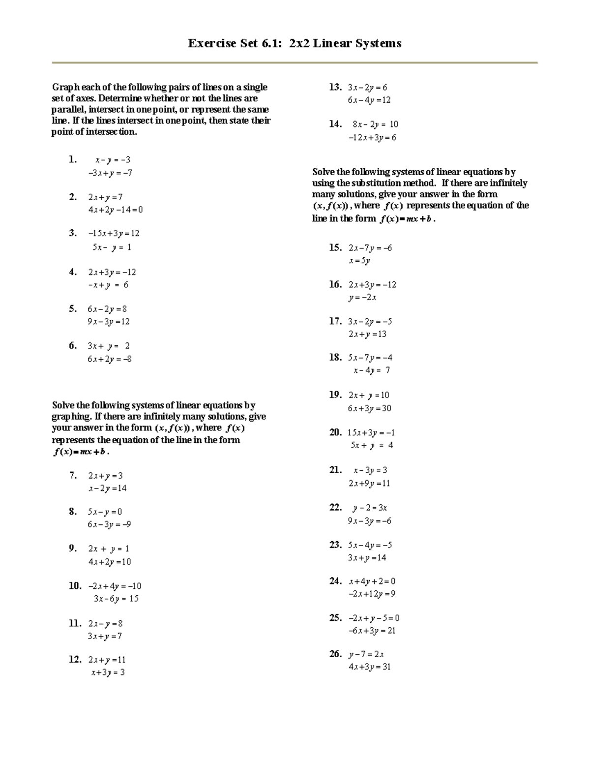 Ex61: Exercise Set 6.1 - 2x2 Linear Systems Solutions - Studocu