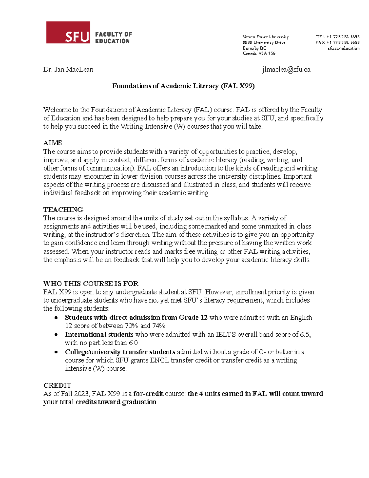 Foundations of Academic Literacy Syllabus (FAL X99) Overview and ...