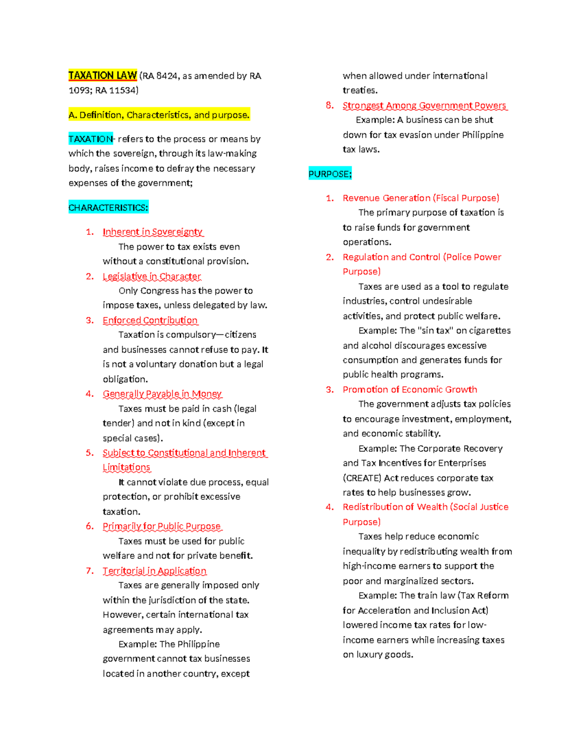 Taxation LAW (RA 8424, RA 1093, RA 11534) Notes Overview - Studocu