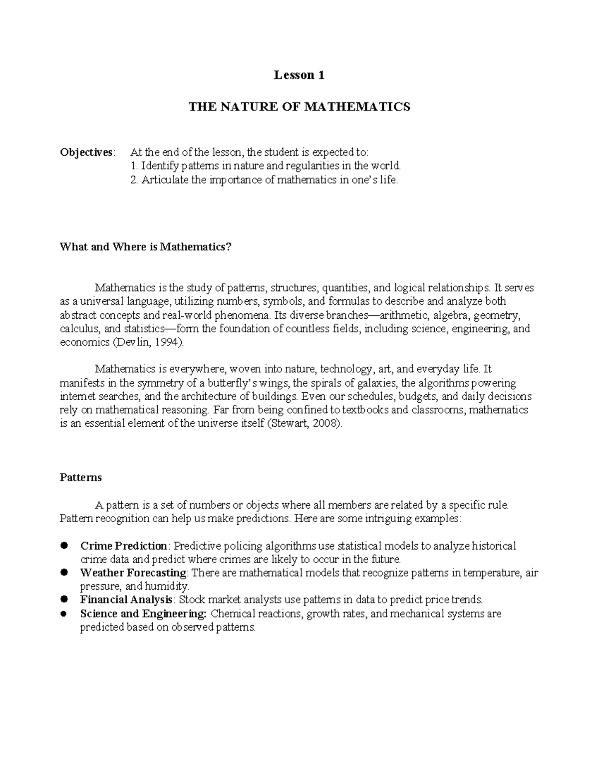 Math 1 Lecture Notes: The Nature of Mathematics and Patterns - Studocu