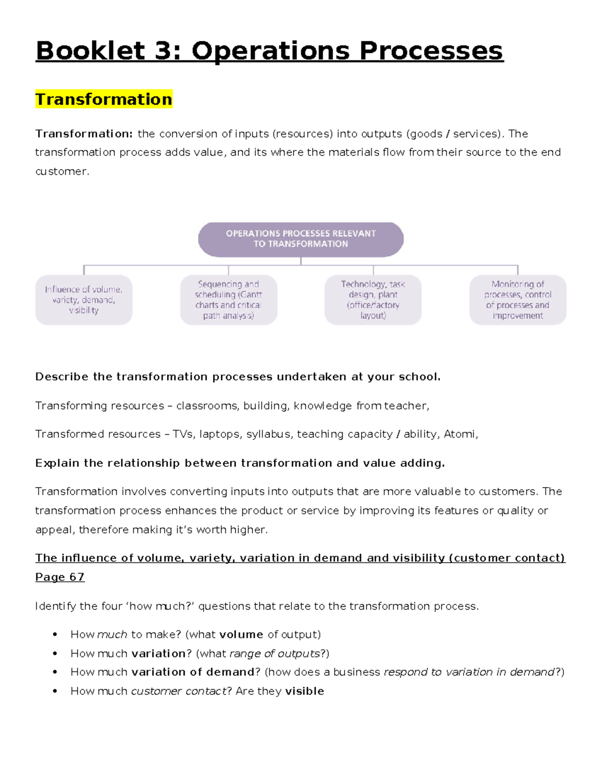 Operations processes- Transformations 4Vs, Gantt chart, Critical path ...
