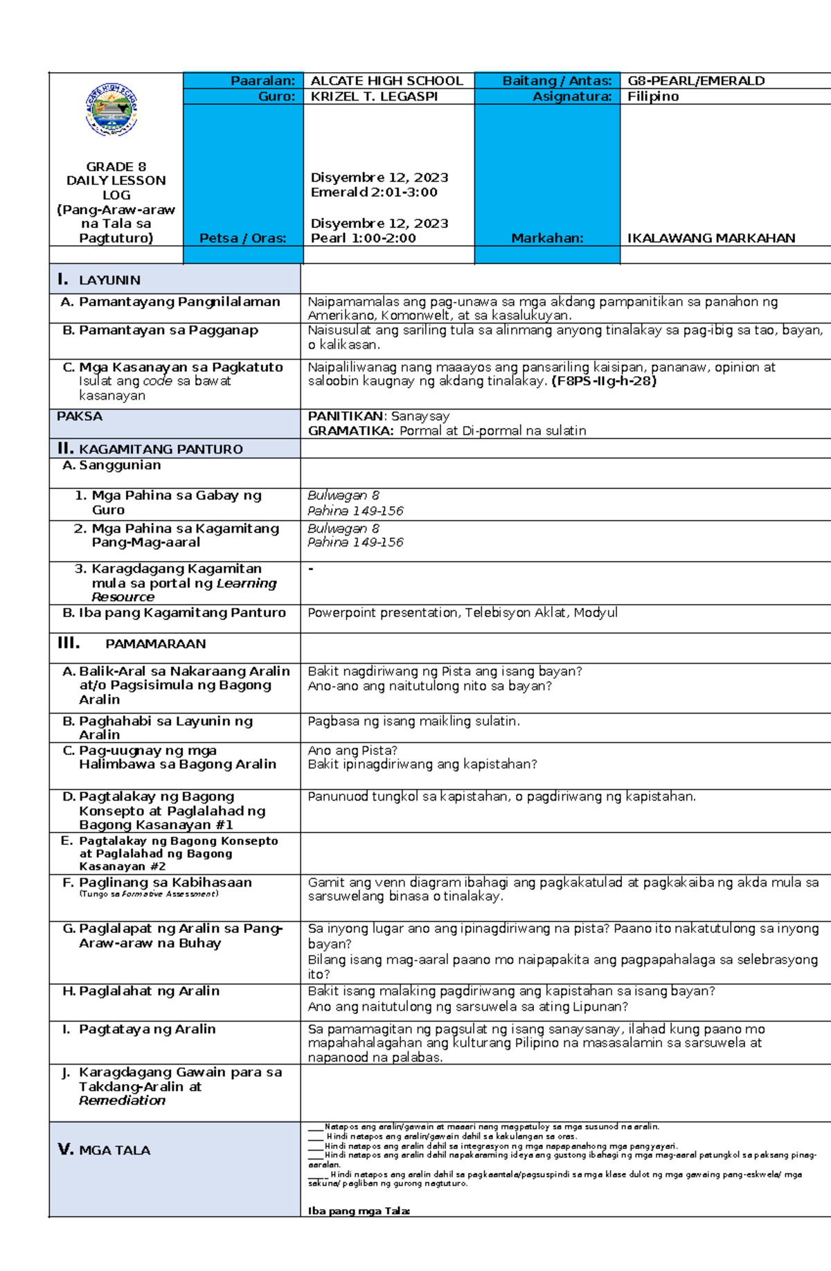 lesson plan for filipino - GRADE 8 DAILY LESSON LOG (Pang-Araw-araw na Tala sa Pagtuturo ...