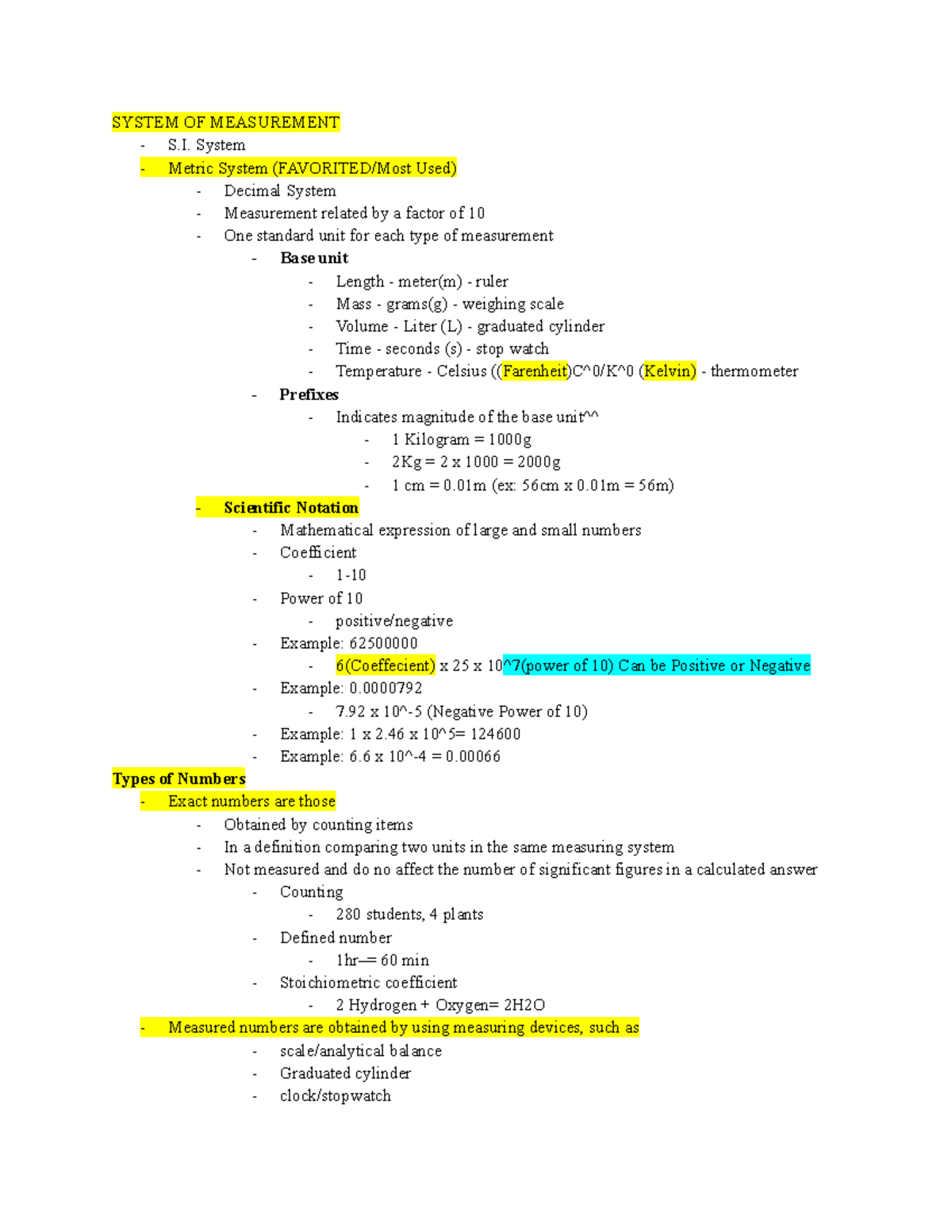 Chapter 1 Chem Lecture Notes - SYSTEM OF MEASUREMENT S. System Metric ...