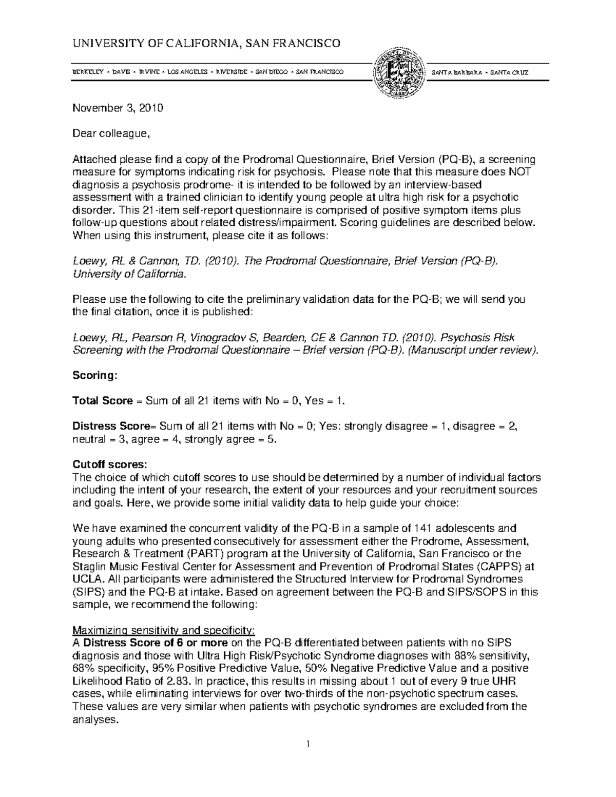 Prodromal Questionnaire Brief Version (PQ-B) for Psychosis Risk ...