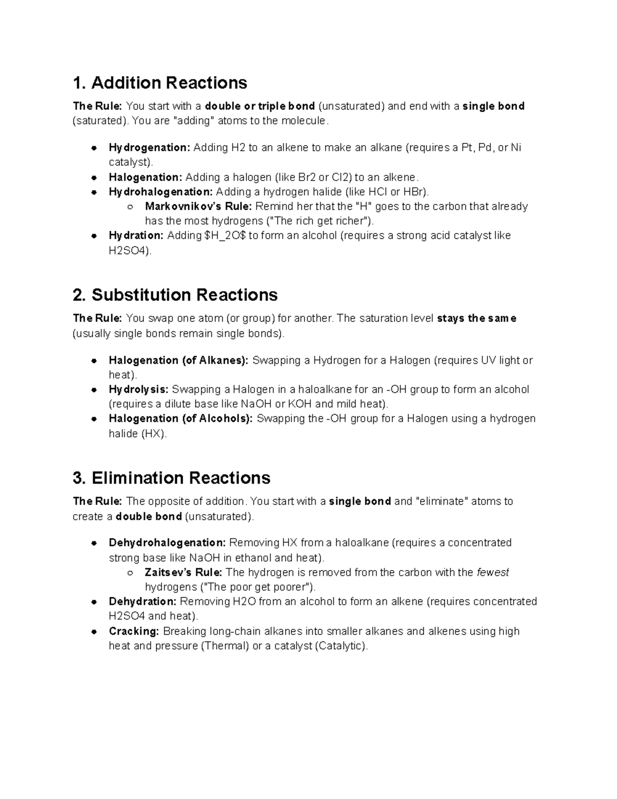 Addition, Substitution, Elimination Reactions Cheat Sheet (Chem 101 ...