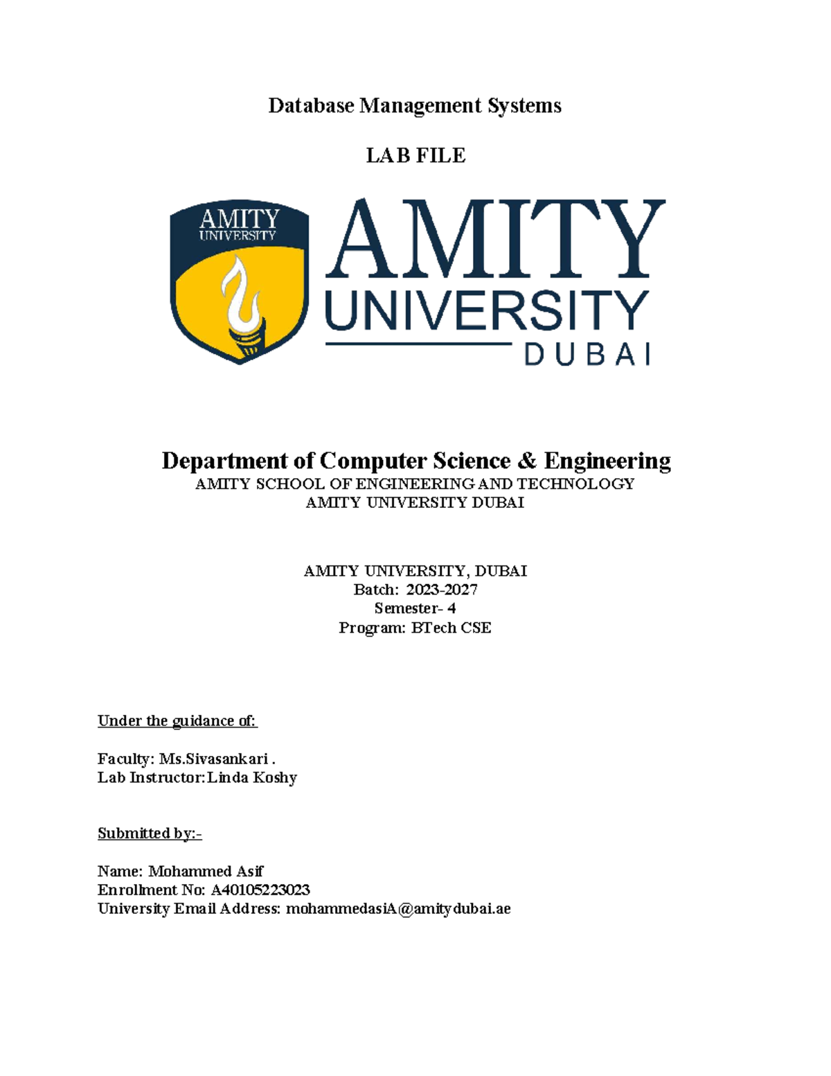 DBMS LAB FILE - BTech CSE - Mohammed Asif's Record - Studocu