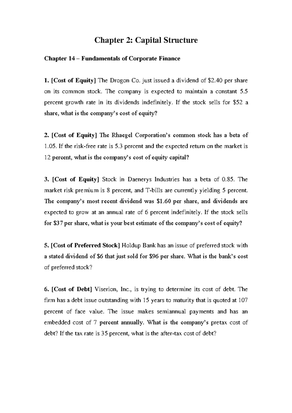 Exercise chapter 2: Capital structure and cost of equity analysis - Studocu