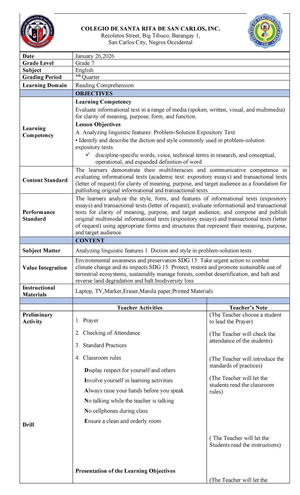 Grade 7 English 4th Quarter Lesson Plan: Expository Text Analysis - Studocu