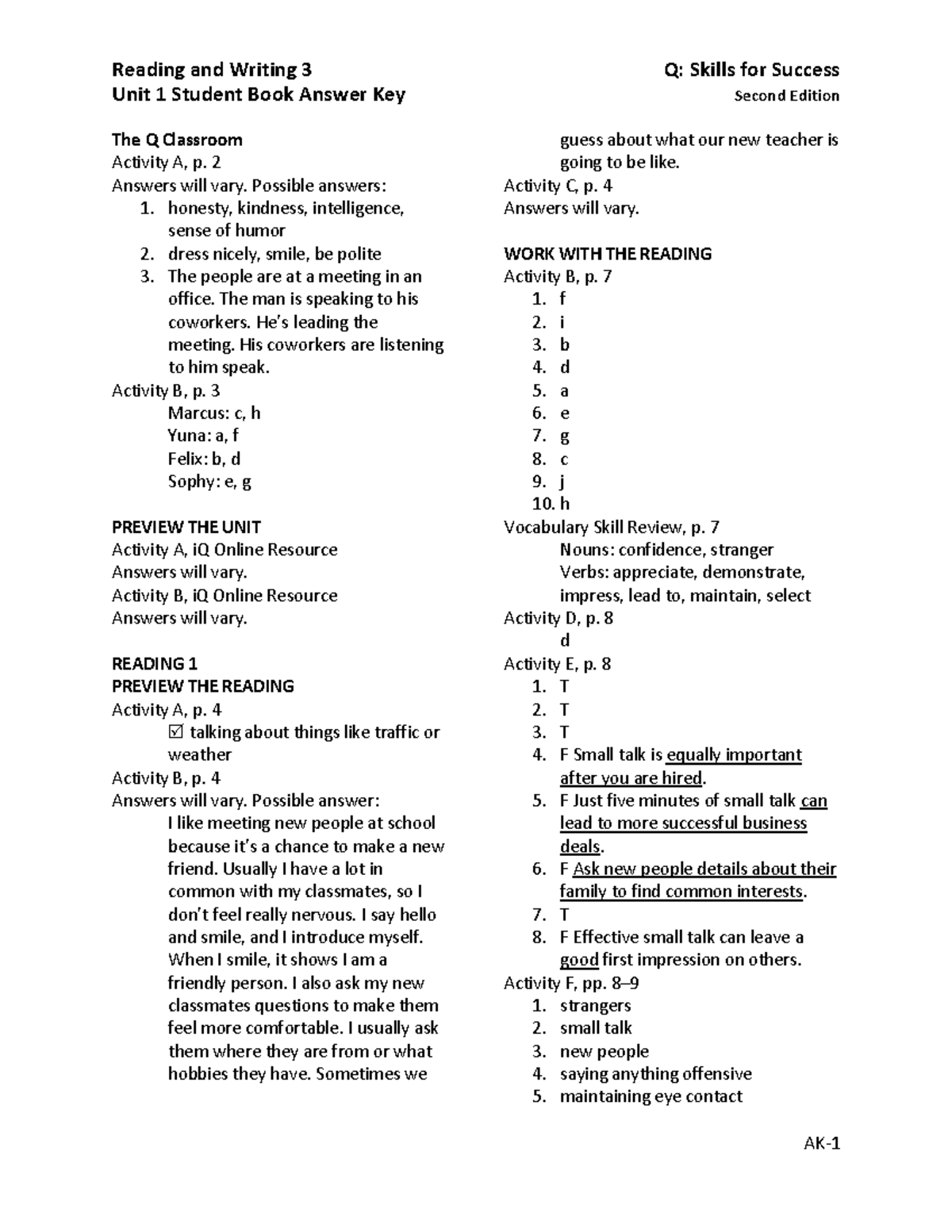 Reading and Writing 3 Unit 1 Student Book Answer Key and Activities ...