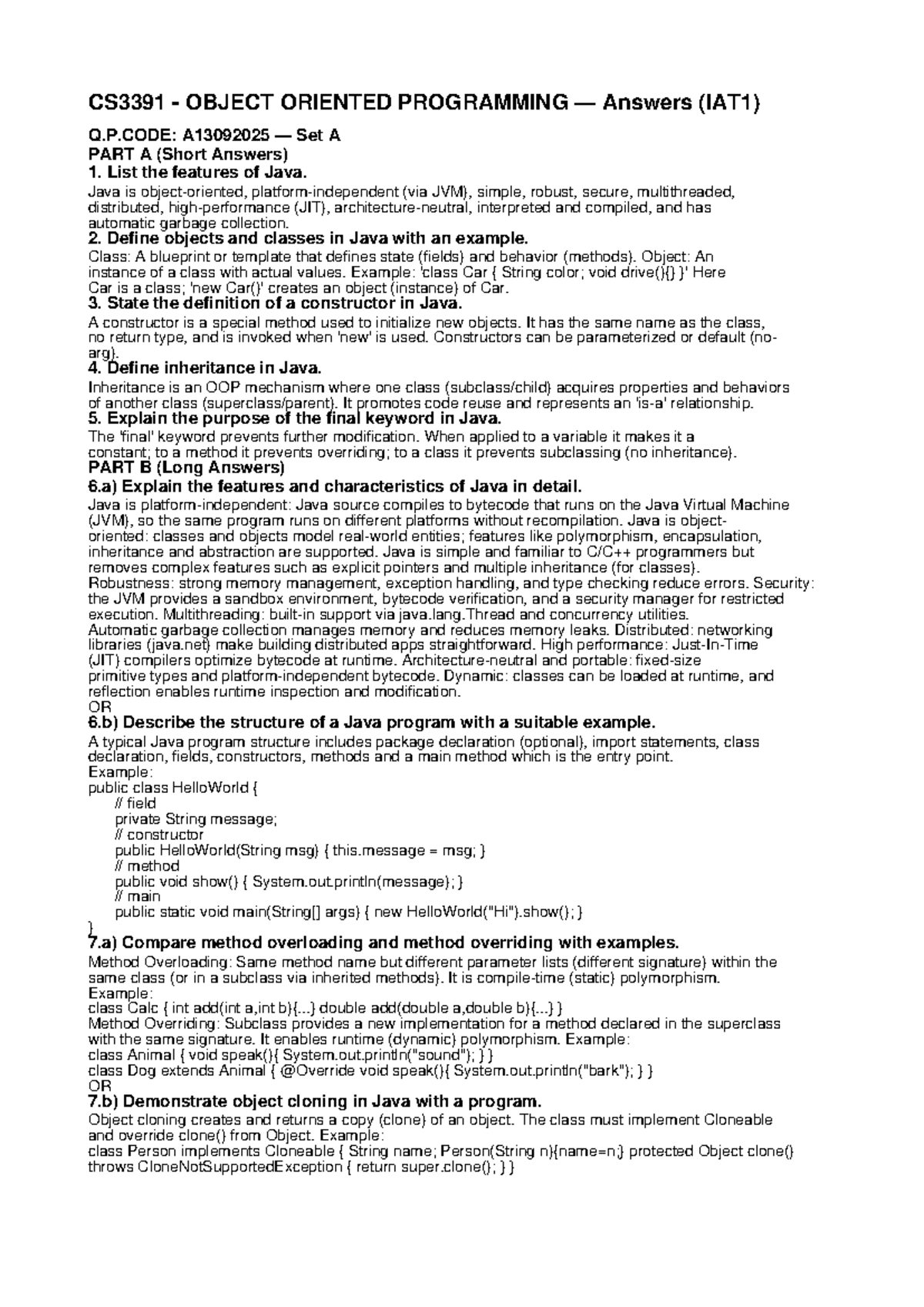 CS3391 OOP Answers IAT1 - Key Concepts and Examples - Studocu