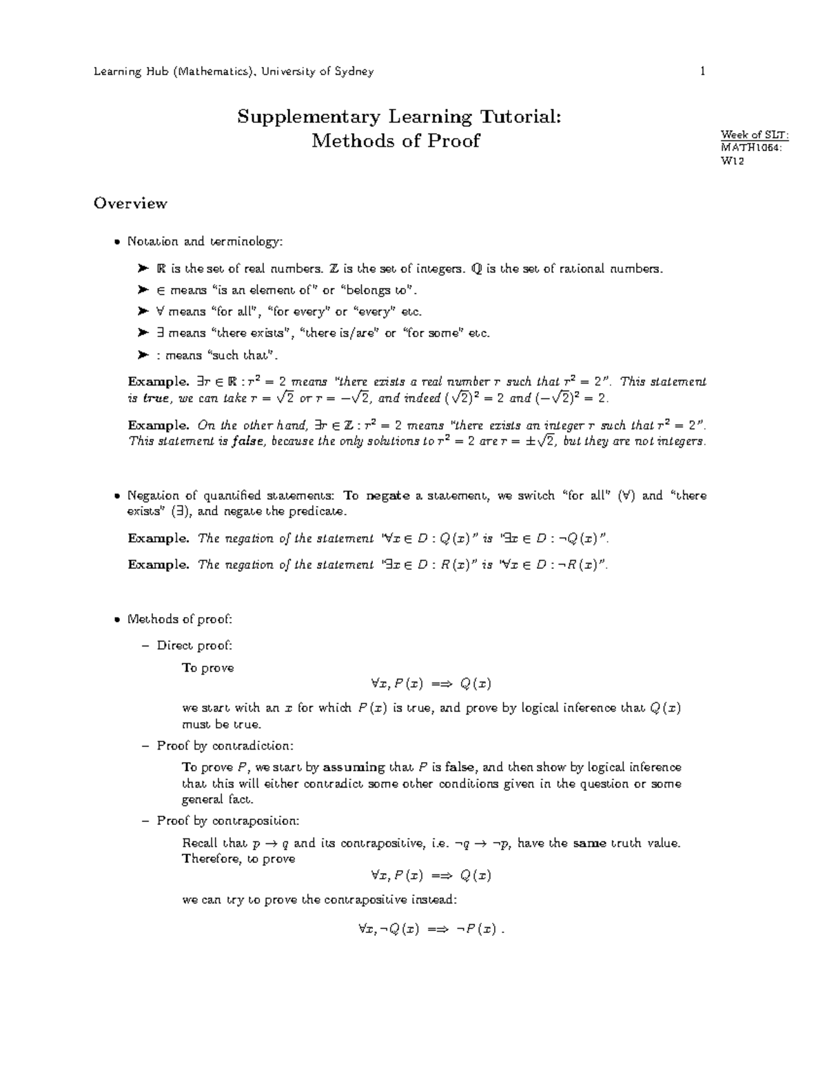 Methods of proof - Learning Hub (Mathematics), University of Sydney 1 ...