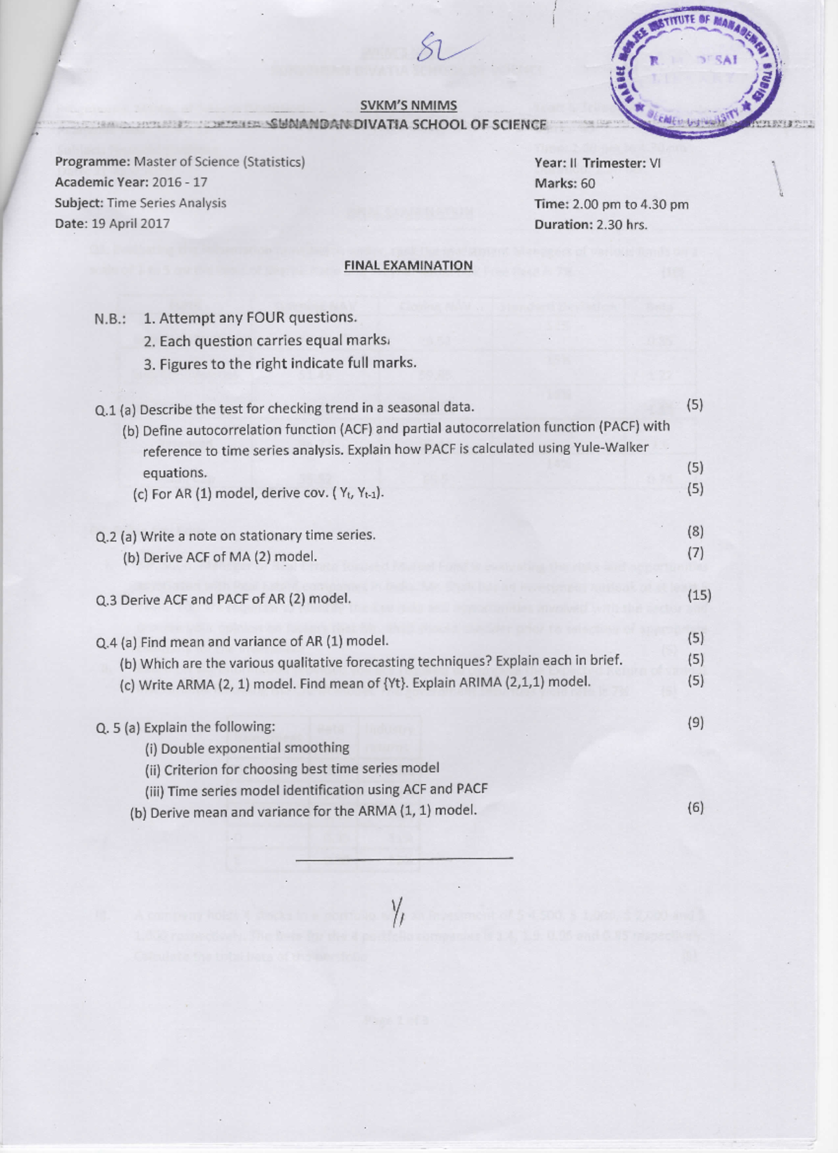 Time Series Analysis Final Exam - M.Sc. Statistics (275) - Studocu