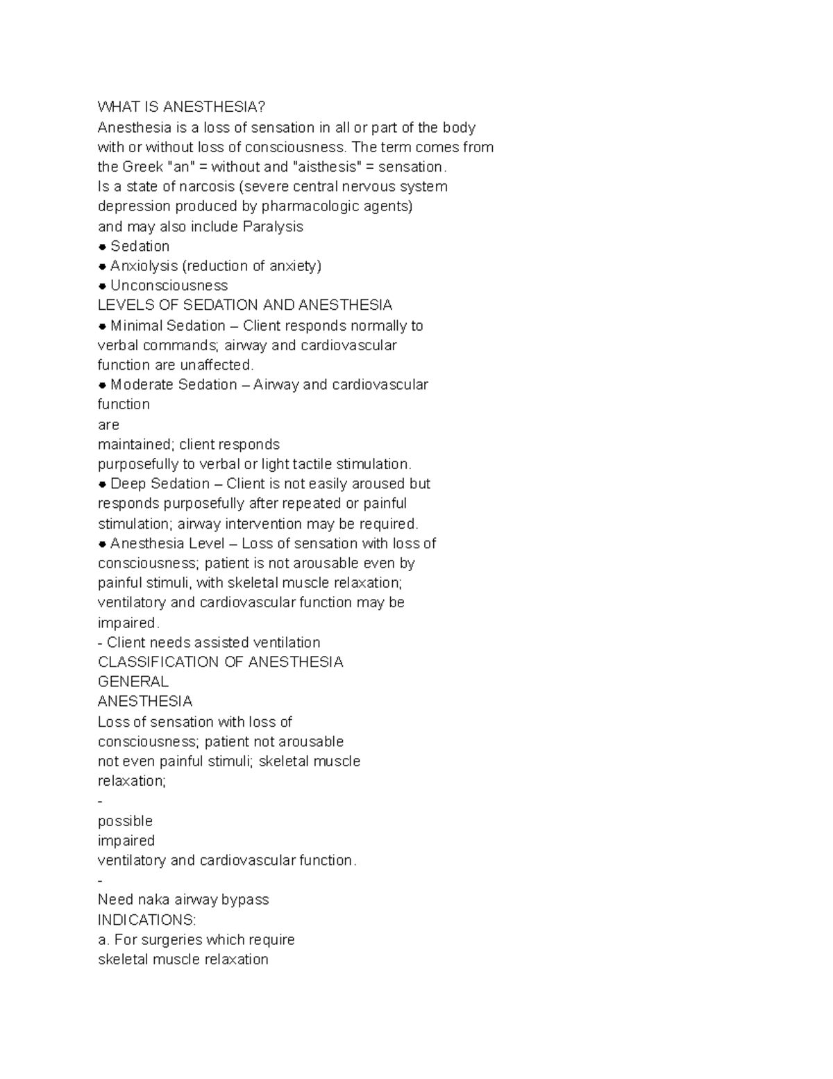 Anesthesia Overview: Types, Levels, and Management Techniques - Studocu