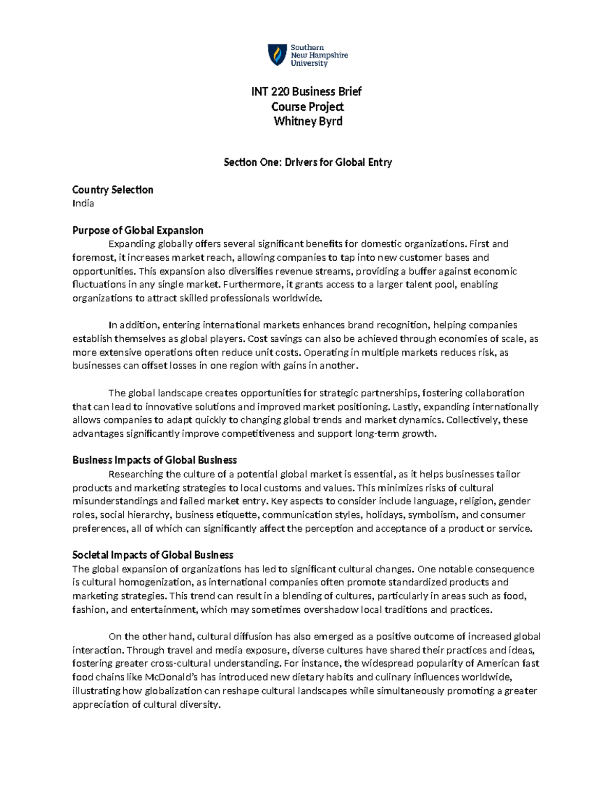 INT 220 Business Brief - INT 220 Business Brief Course Project Whitney ...