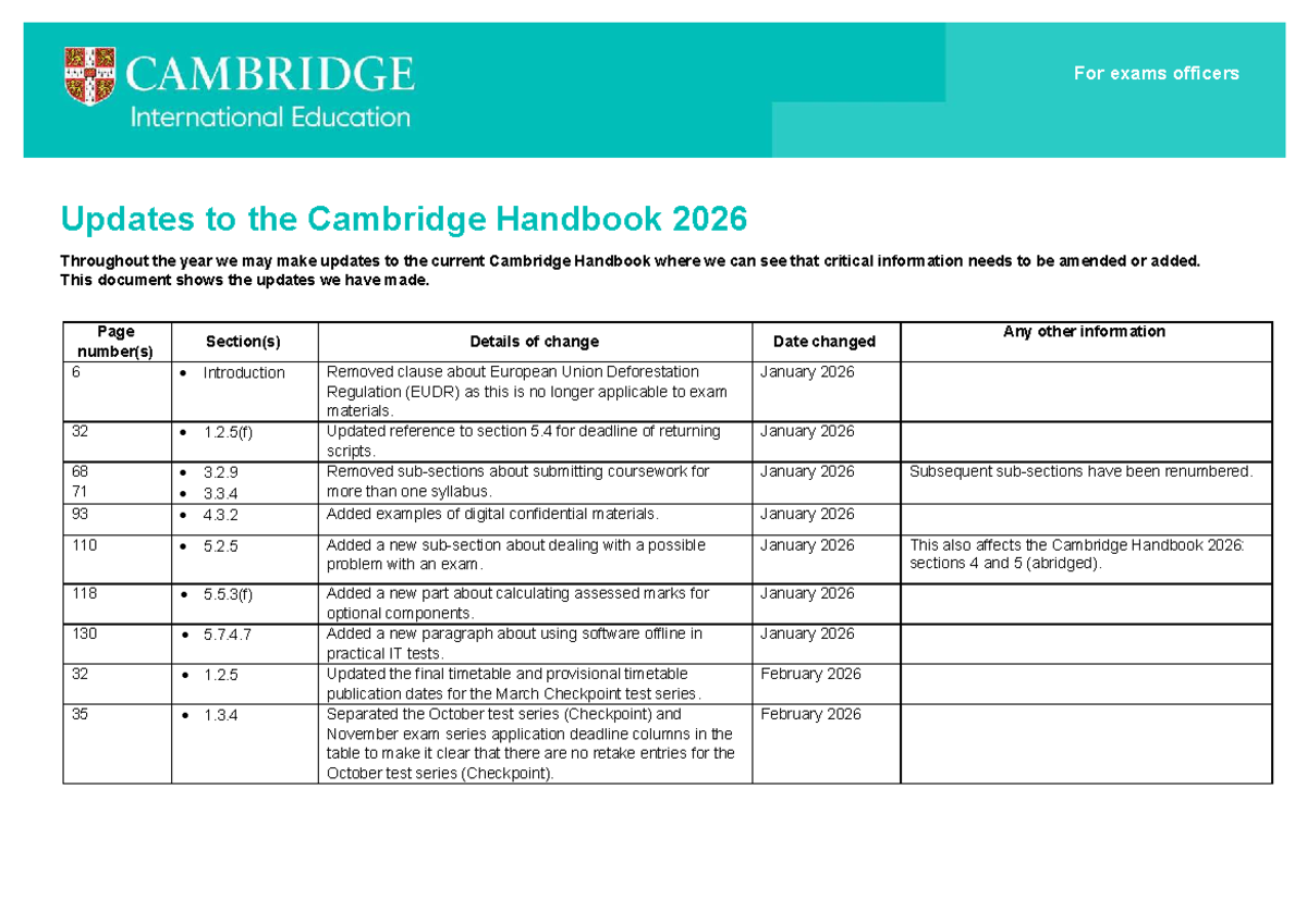Cambridge Handbook Updates 2026 for Exam Officers - Studocu