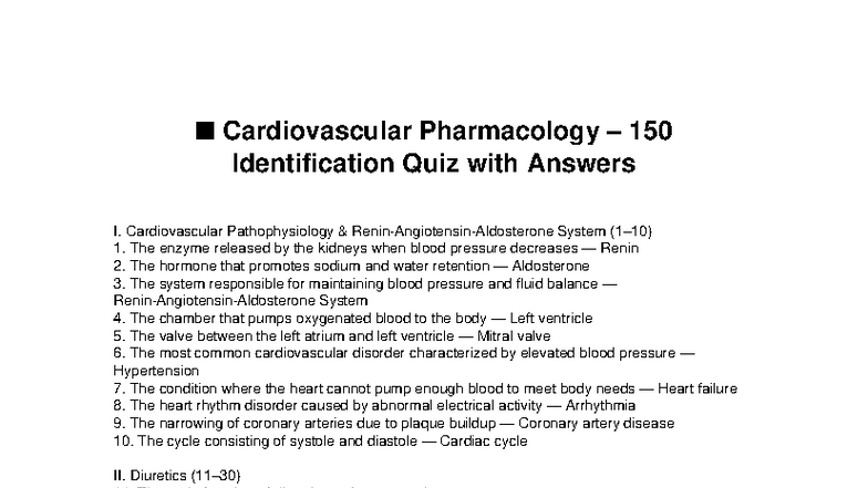Cardiovascular Pharmacology 150 Identification Quiz with Answers - Studocu