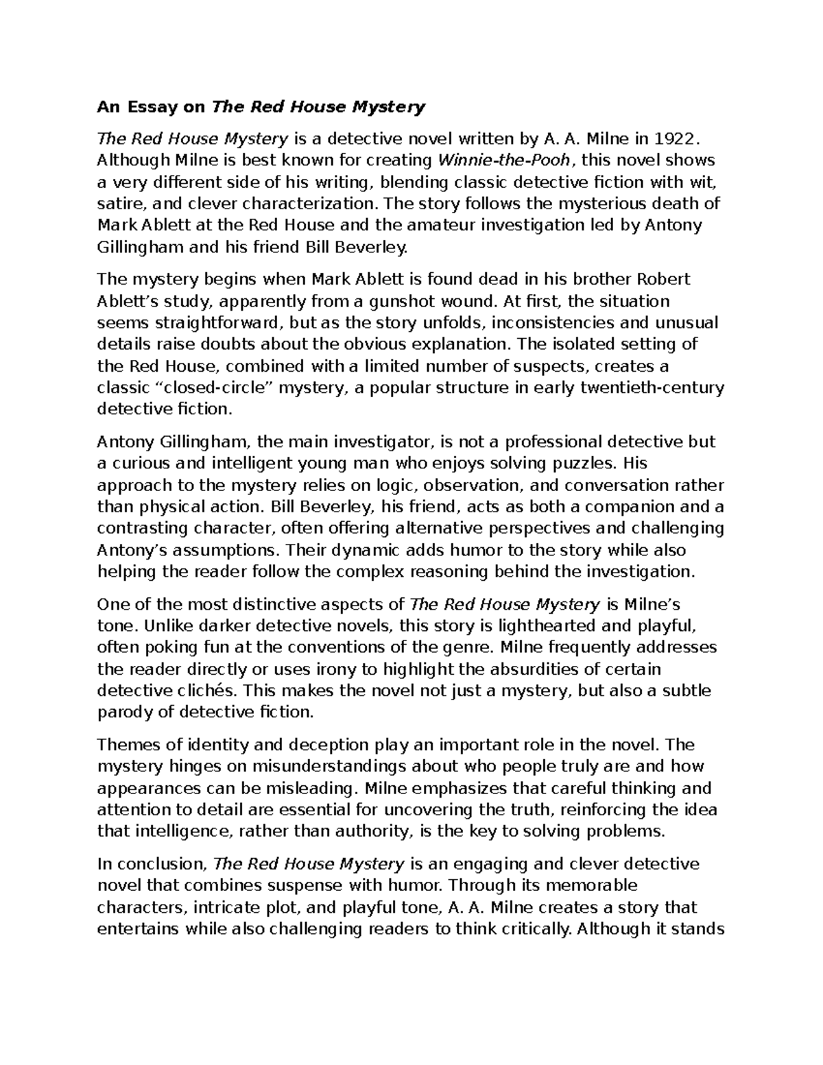 Essay Notes on The Red House Mystery (ENG 101) - Studocu
