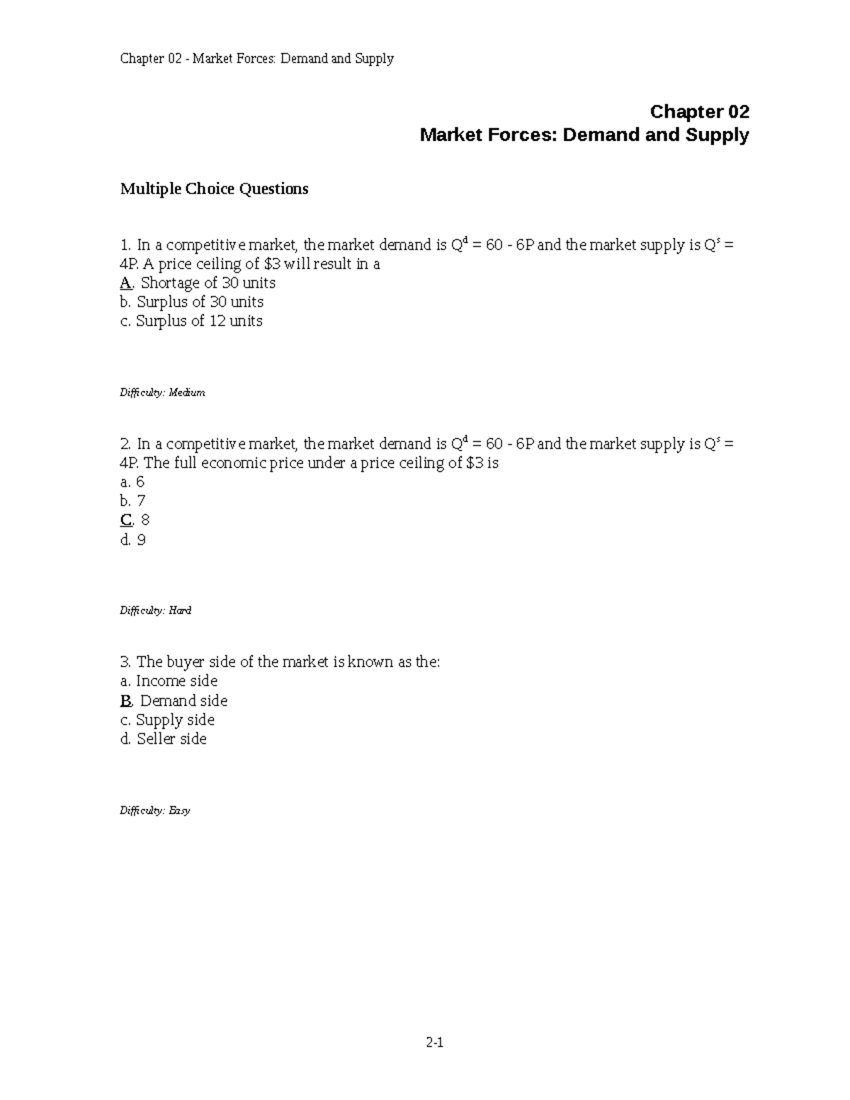 Chapter 02: Market Forces - Demand and Supply MCQs (Ekonomi Manajerial ...